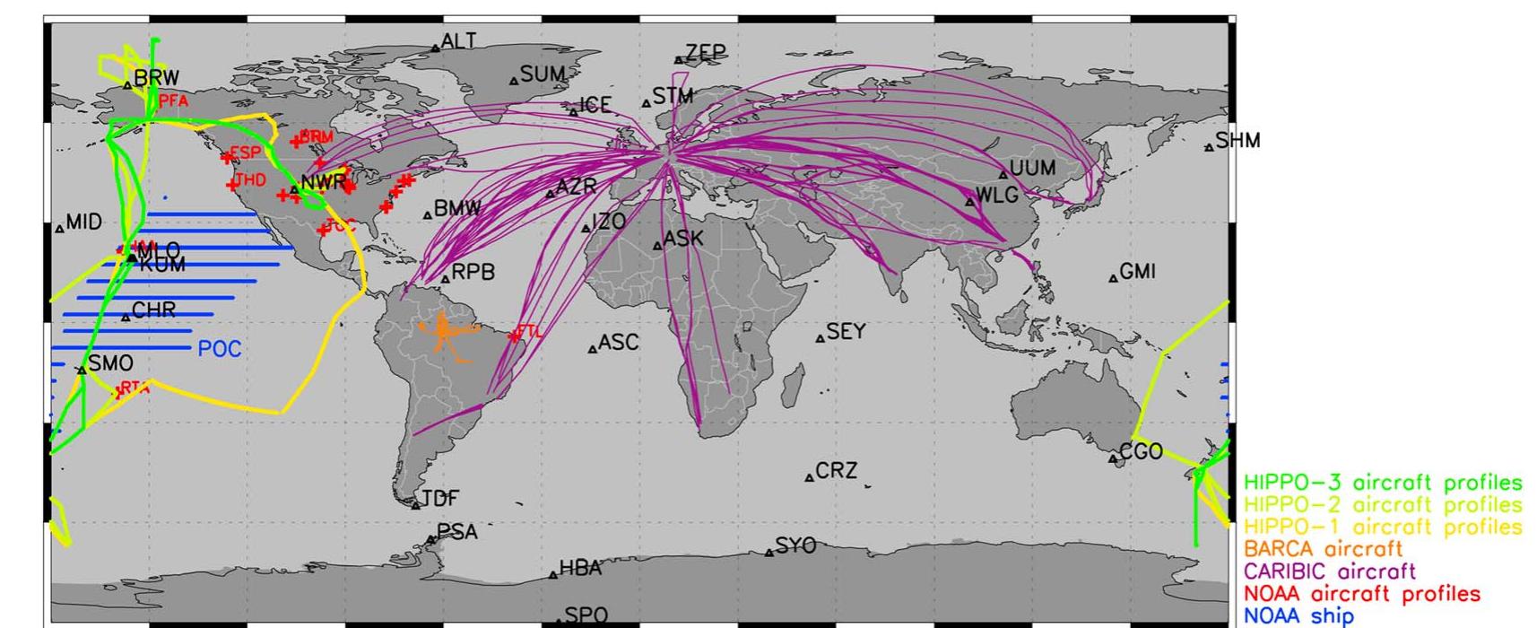 Map showing the locations of noaa surface sampling sites