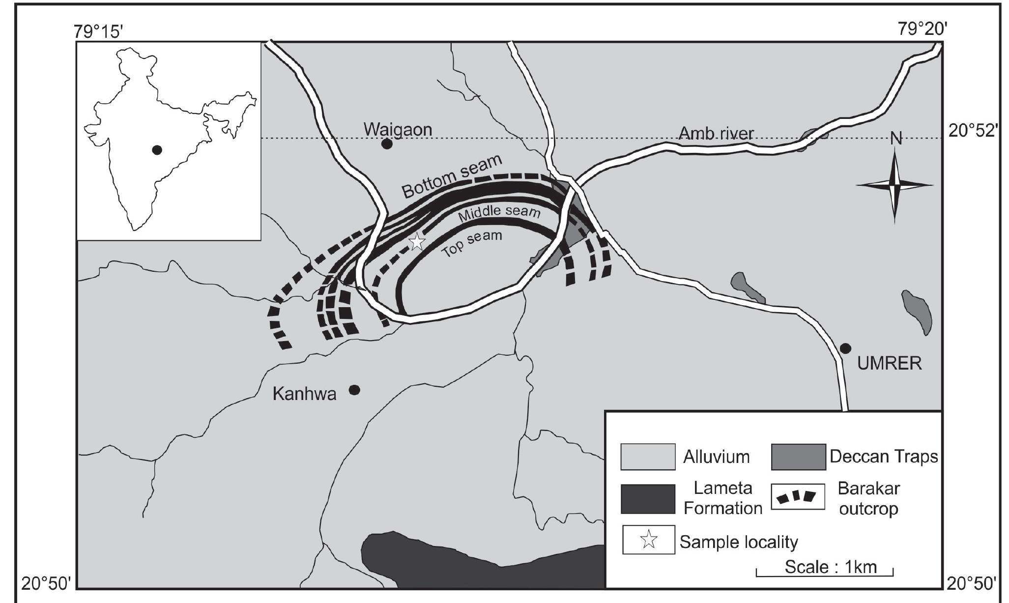 Geological map of a part of the umrer coalfield showing the