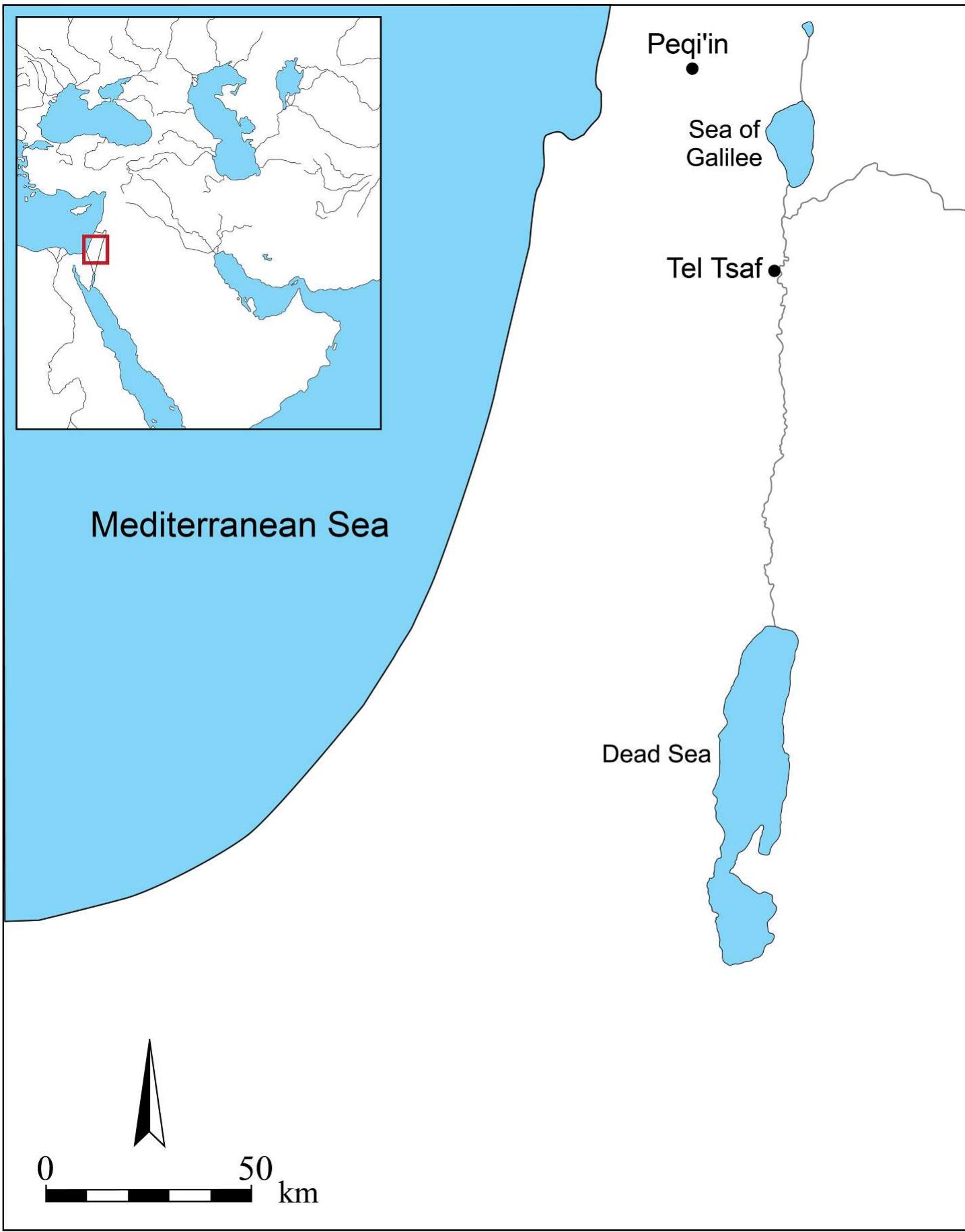 A map showing the location of tel tsaf and peqi‘in cave.