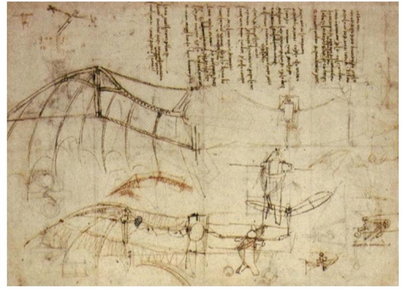 Leonardo’s drawings of a man powered flying machine with