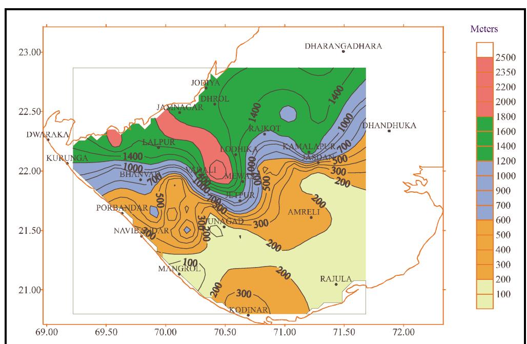 Contour map of thickness of sediments (m) by drs in
