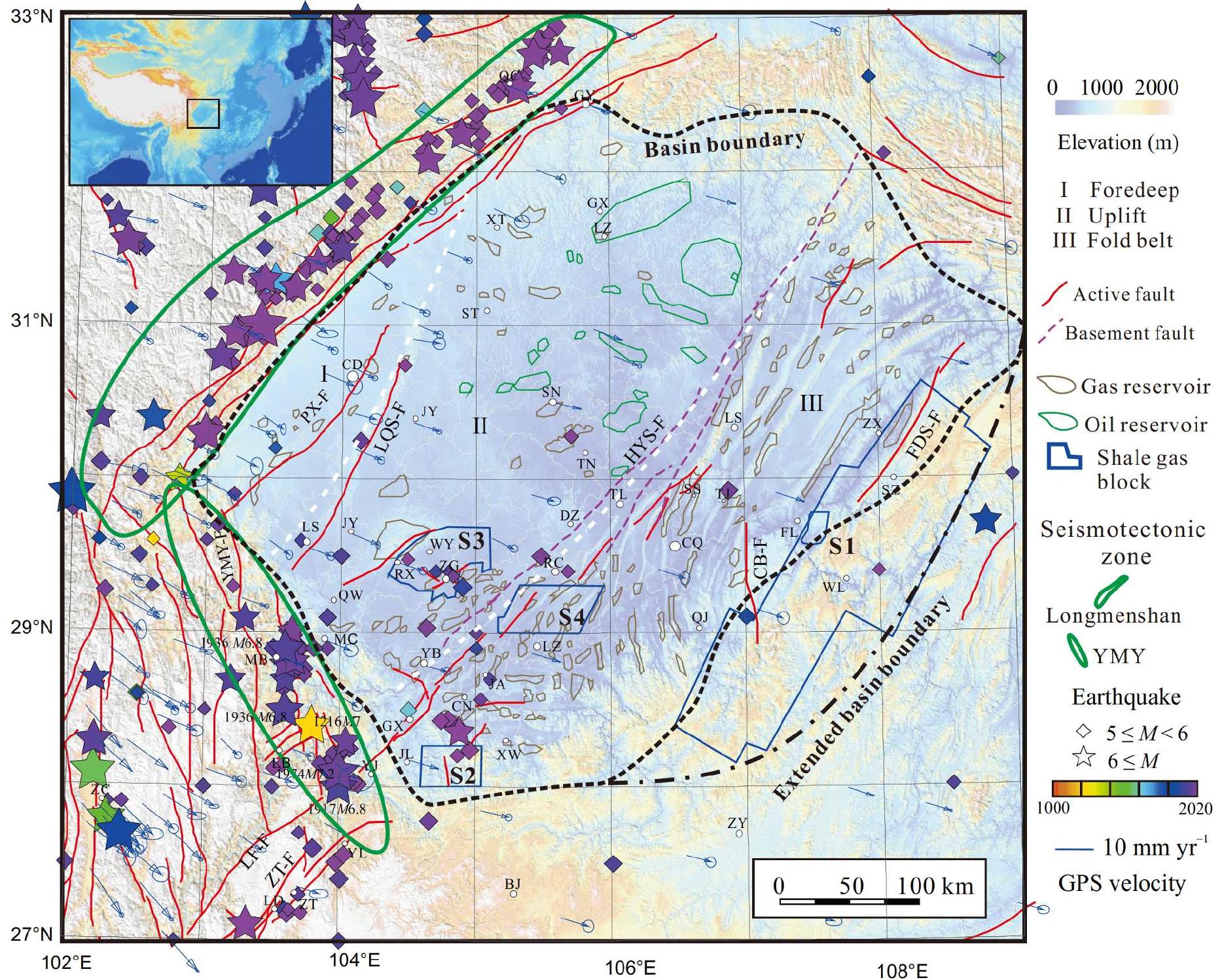 Map of active faults; major gas, oil, and shale gas