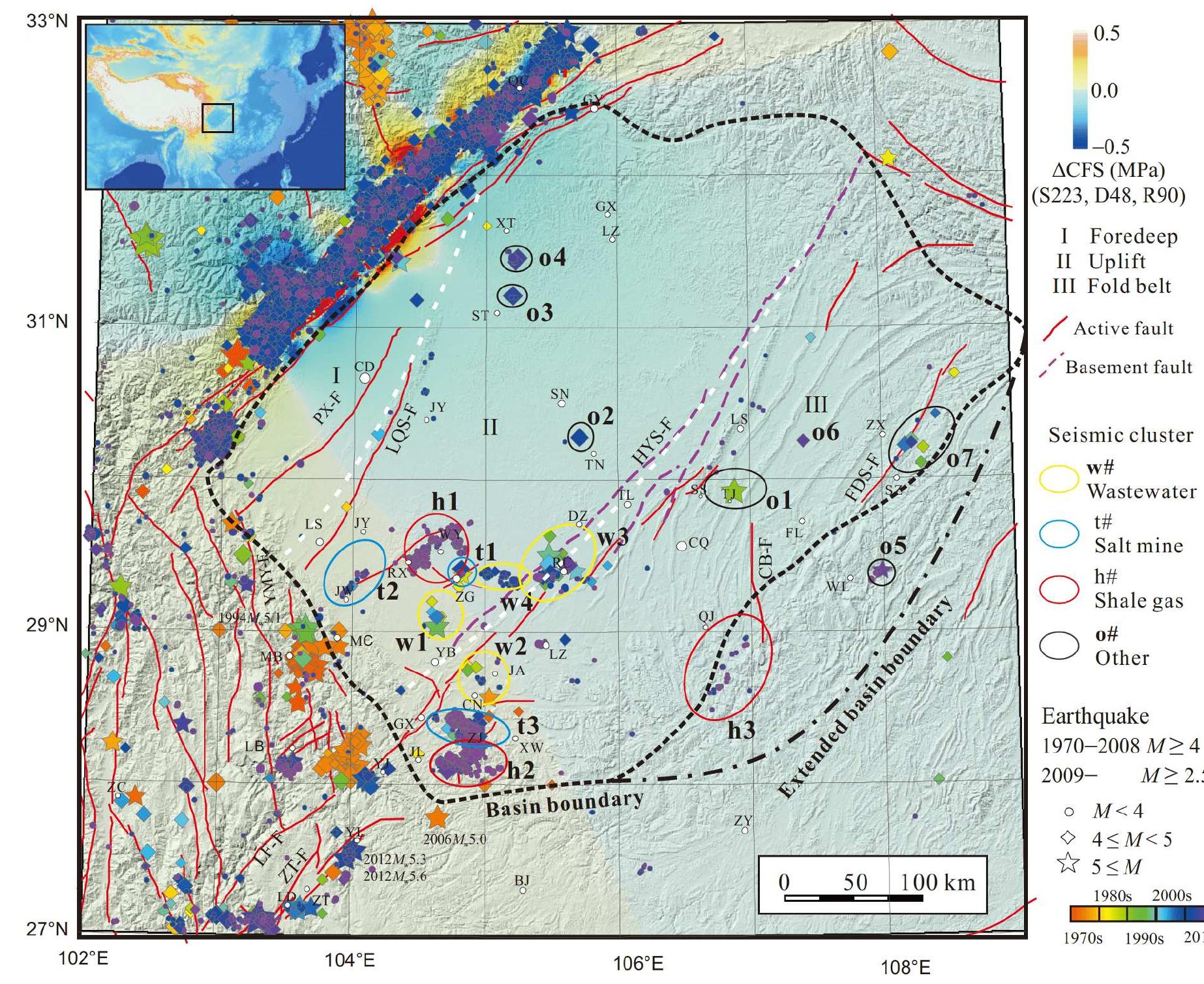 Map of active faults and major seismic clusters during the
