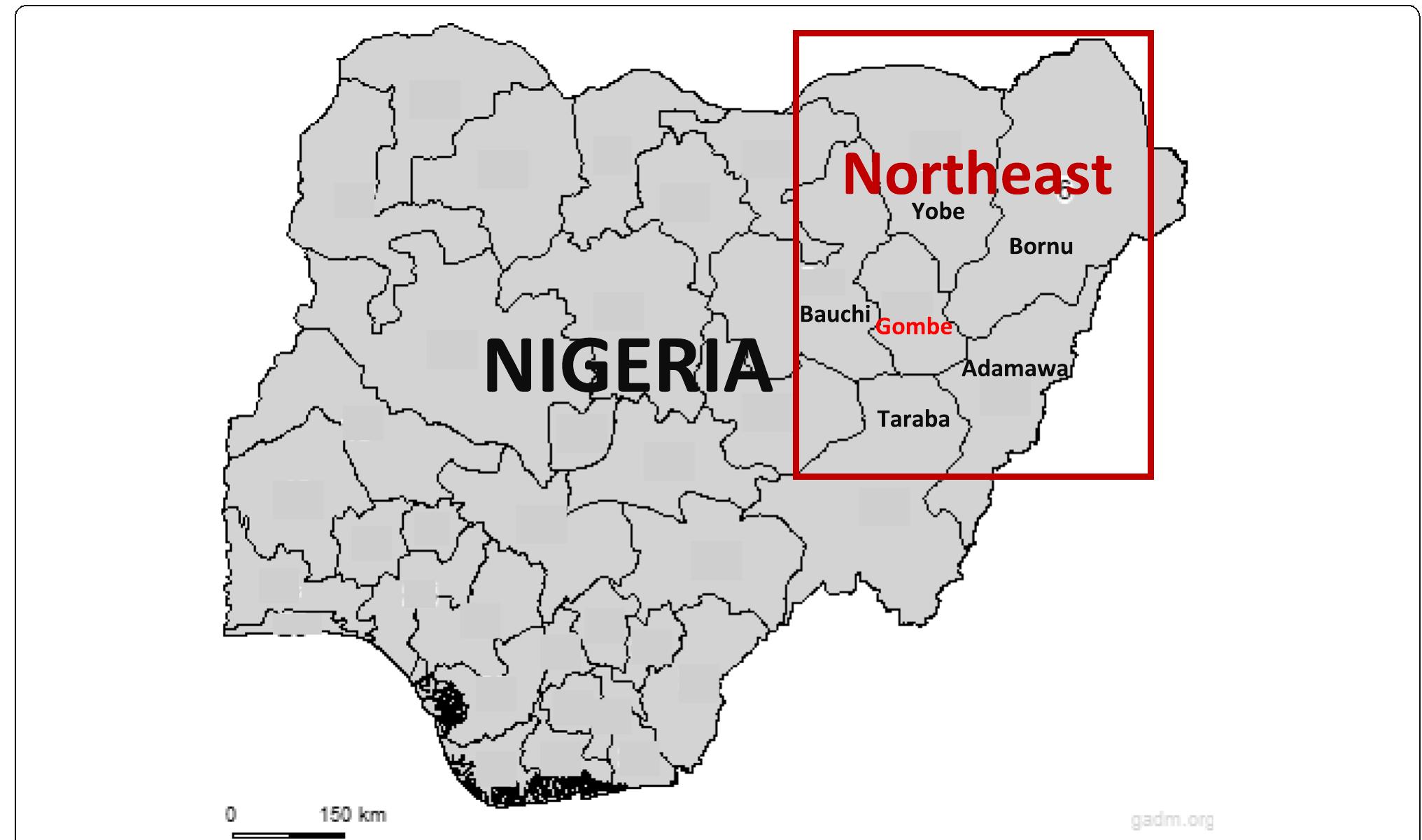 Map of nigeria showing northeast region and study area