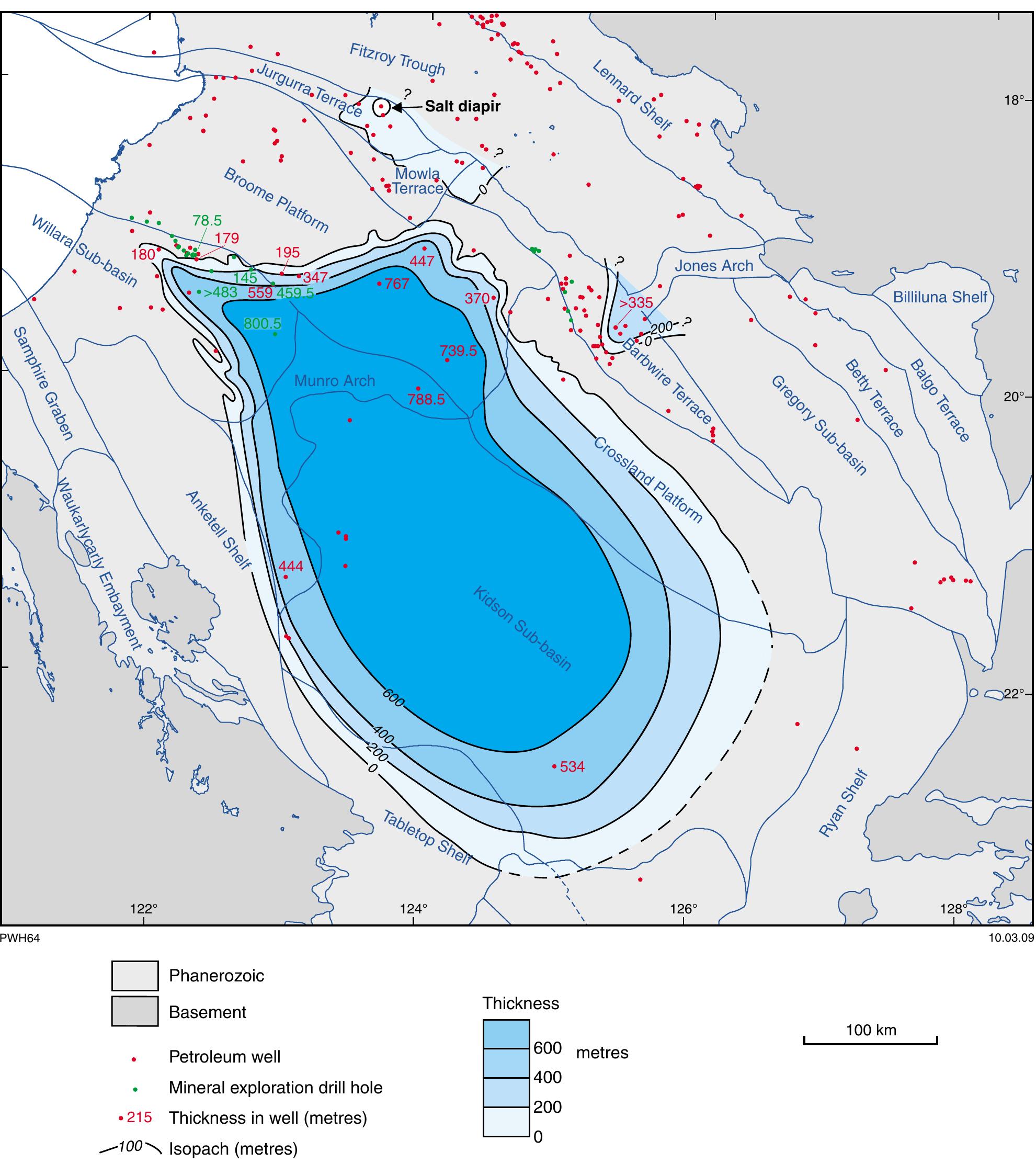 Isopach map of mallowa salt. position of salt edge taken
