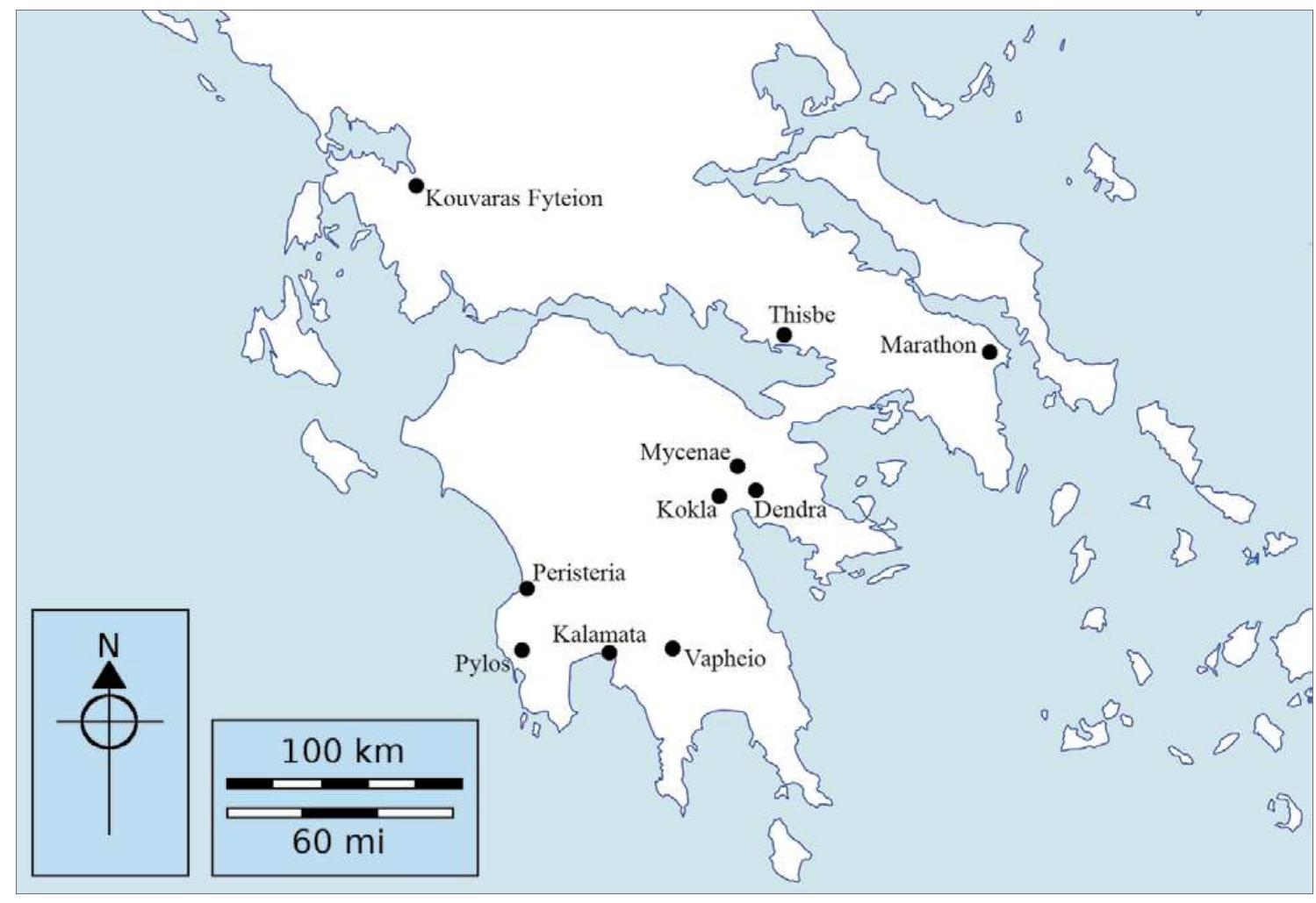Distribution map showing the greek mainland locations from