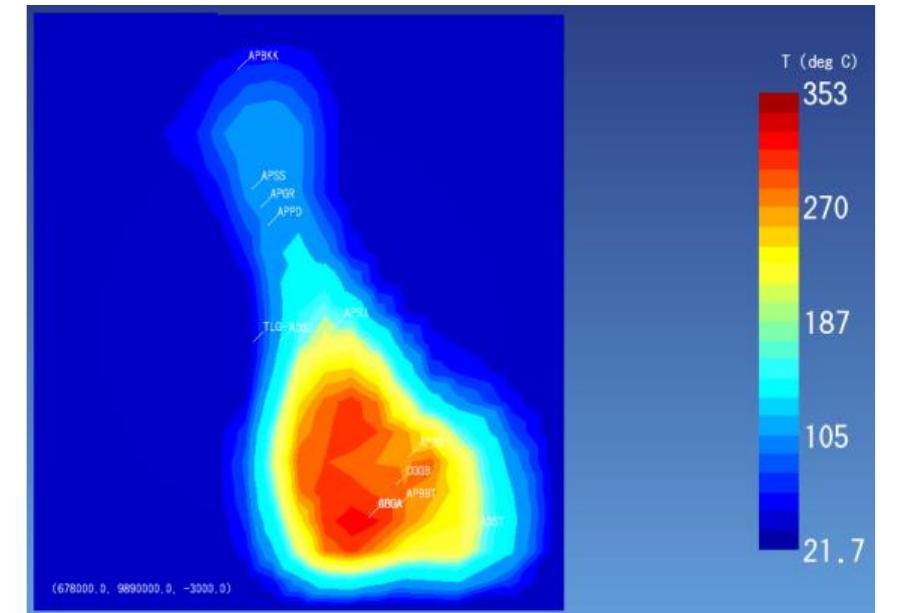 Lateral distribution of reservoir temperature at depth -1500