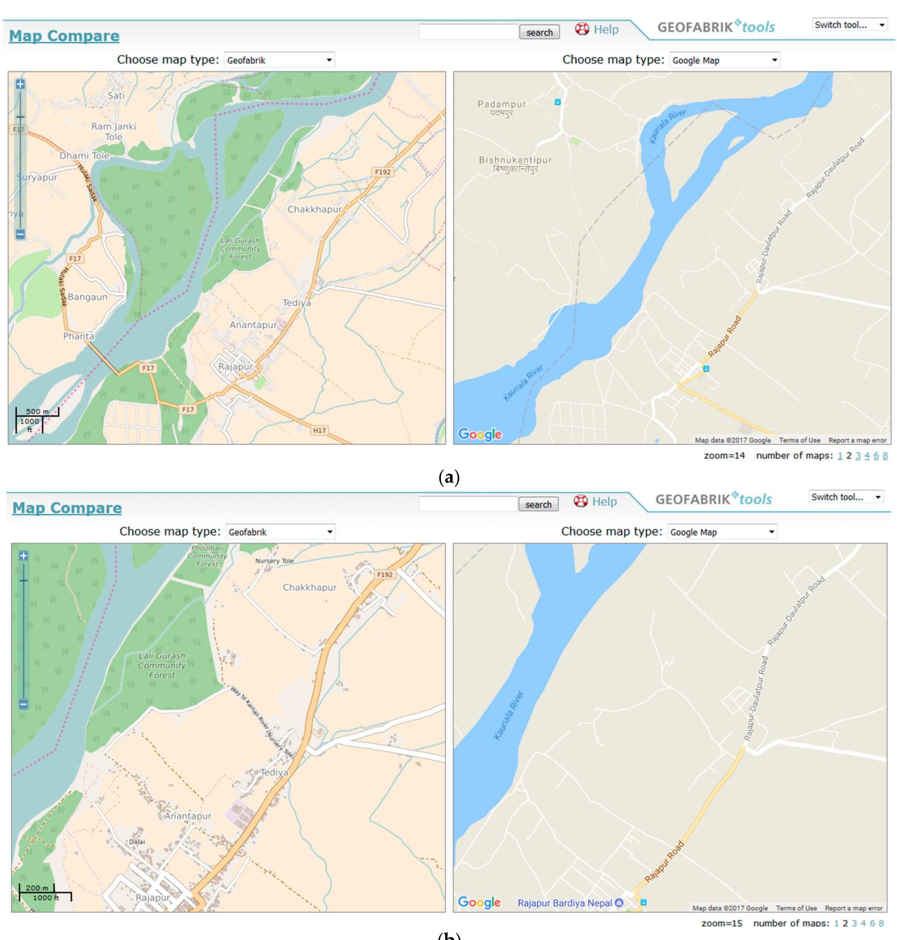 Screenshots from geofabrik’s map compare tool showing