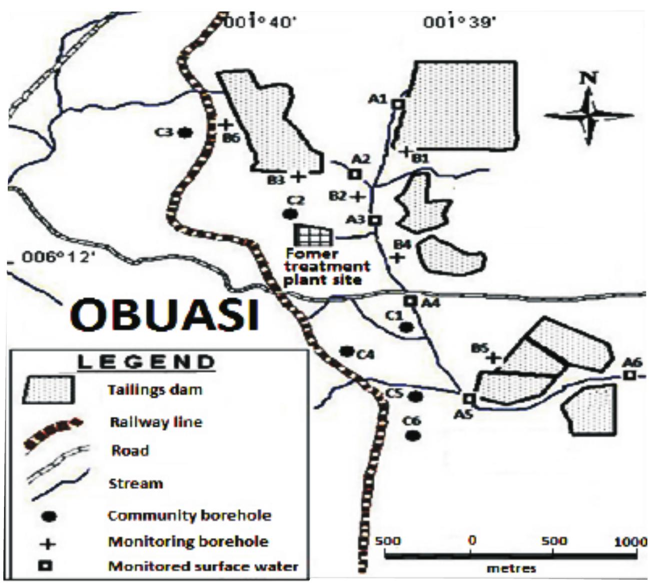Sketch map of part of obuasi showing tailing dams, treatment
