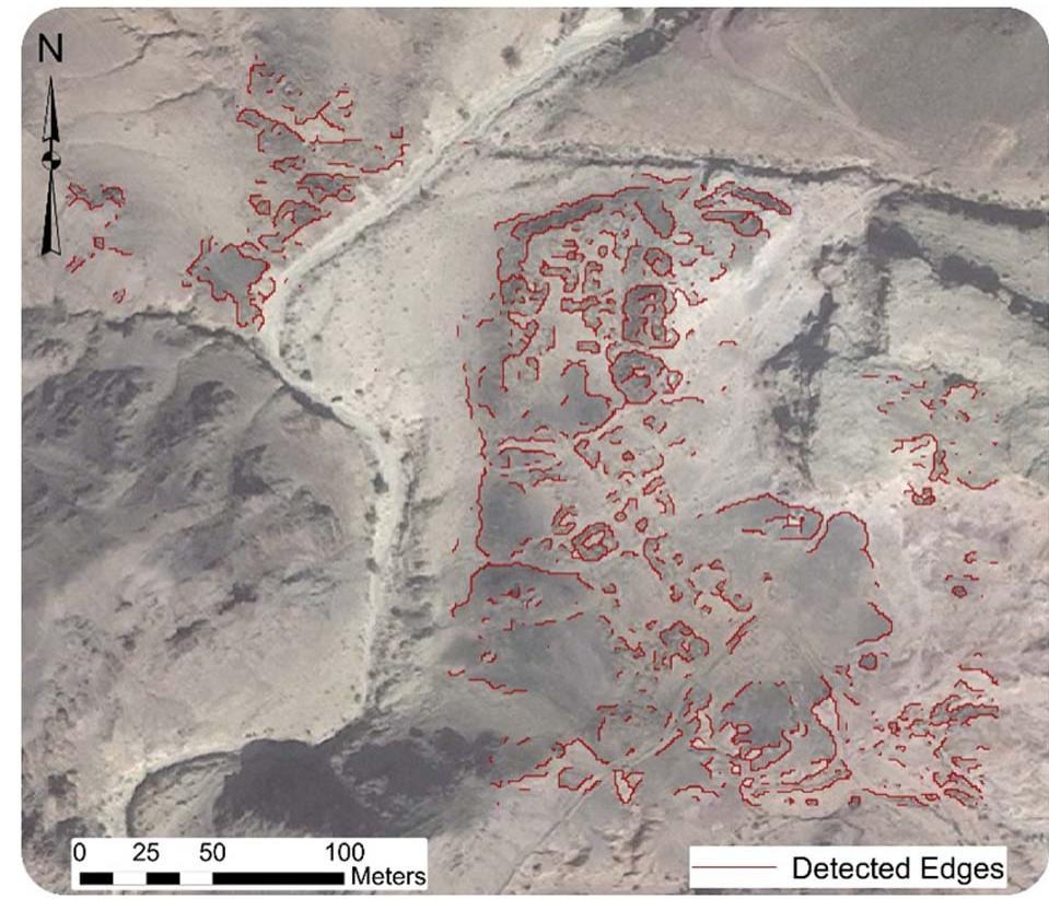 Map displaying the result of canny edge detection at khirbat