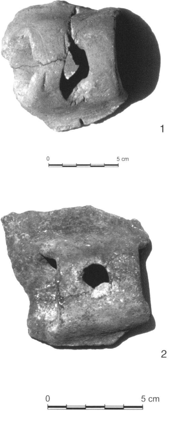 13. (1) fn iit pierced strap handle (late stratum itb); (2)