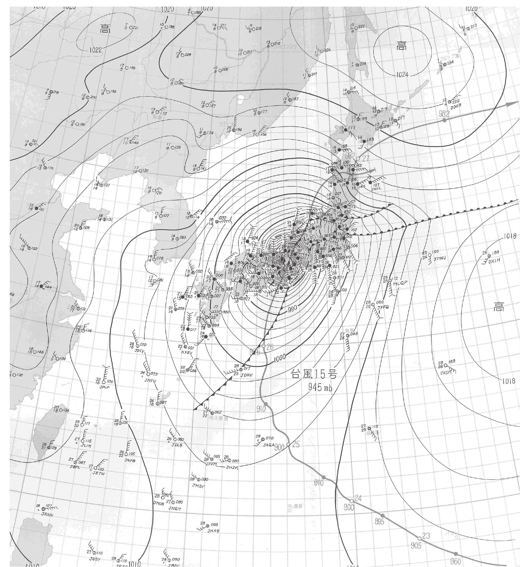 Surface weather map at 2100 jst 26 september 1959. gray