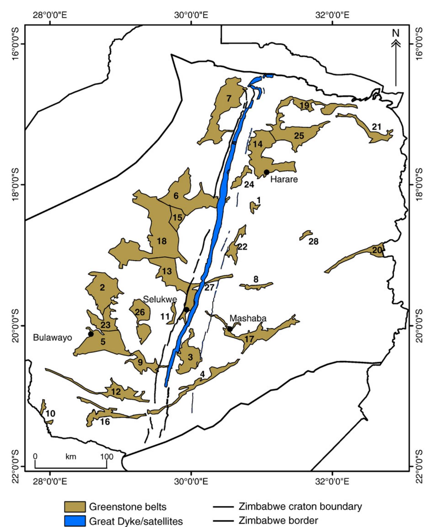Map of zimbabwean greenstone belts, modified after sithole