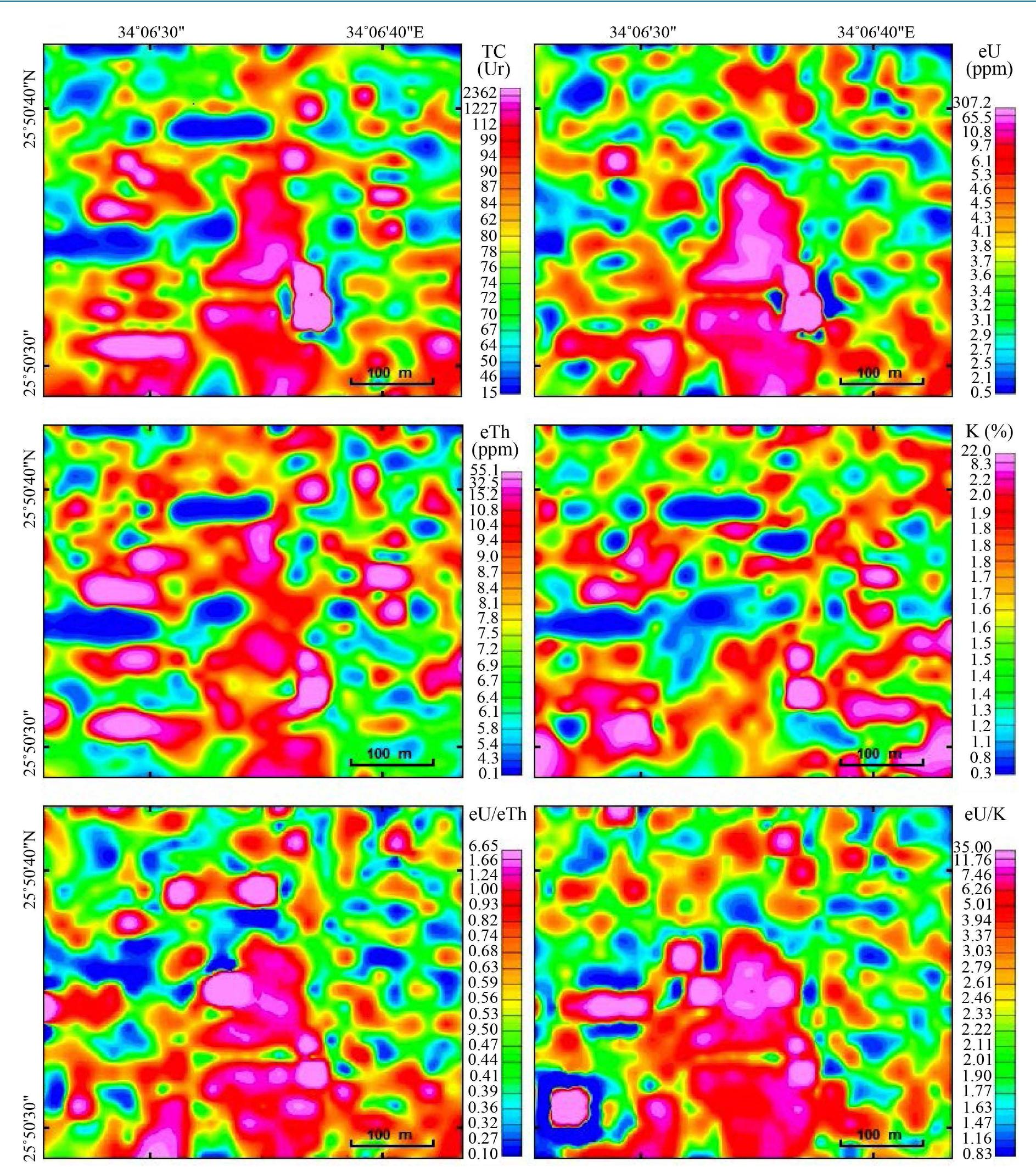 Gamma-ray spectrometry maps showing the distribution of the