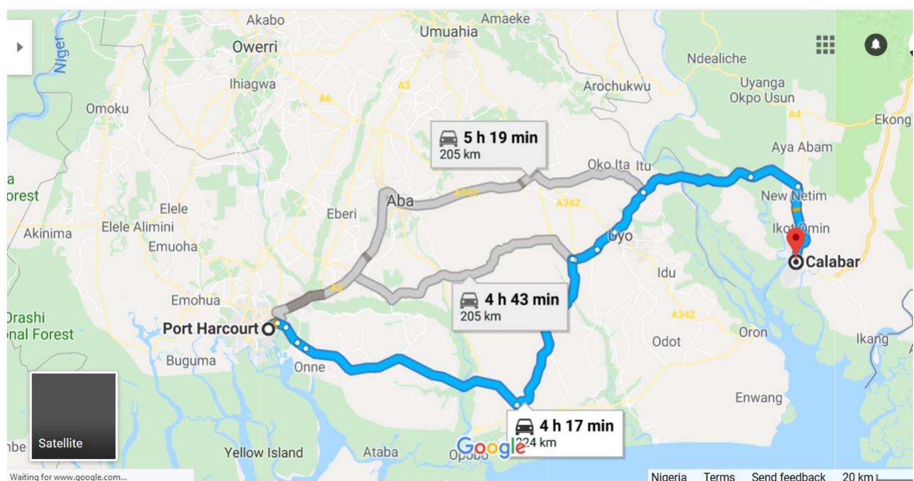 Map showing distance between port harcourt and calabar