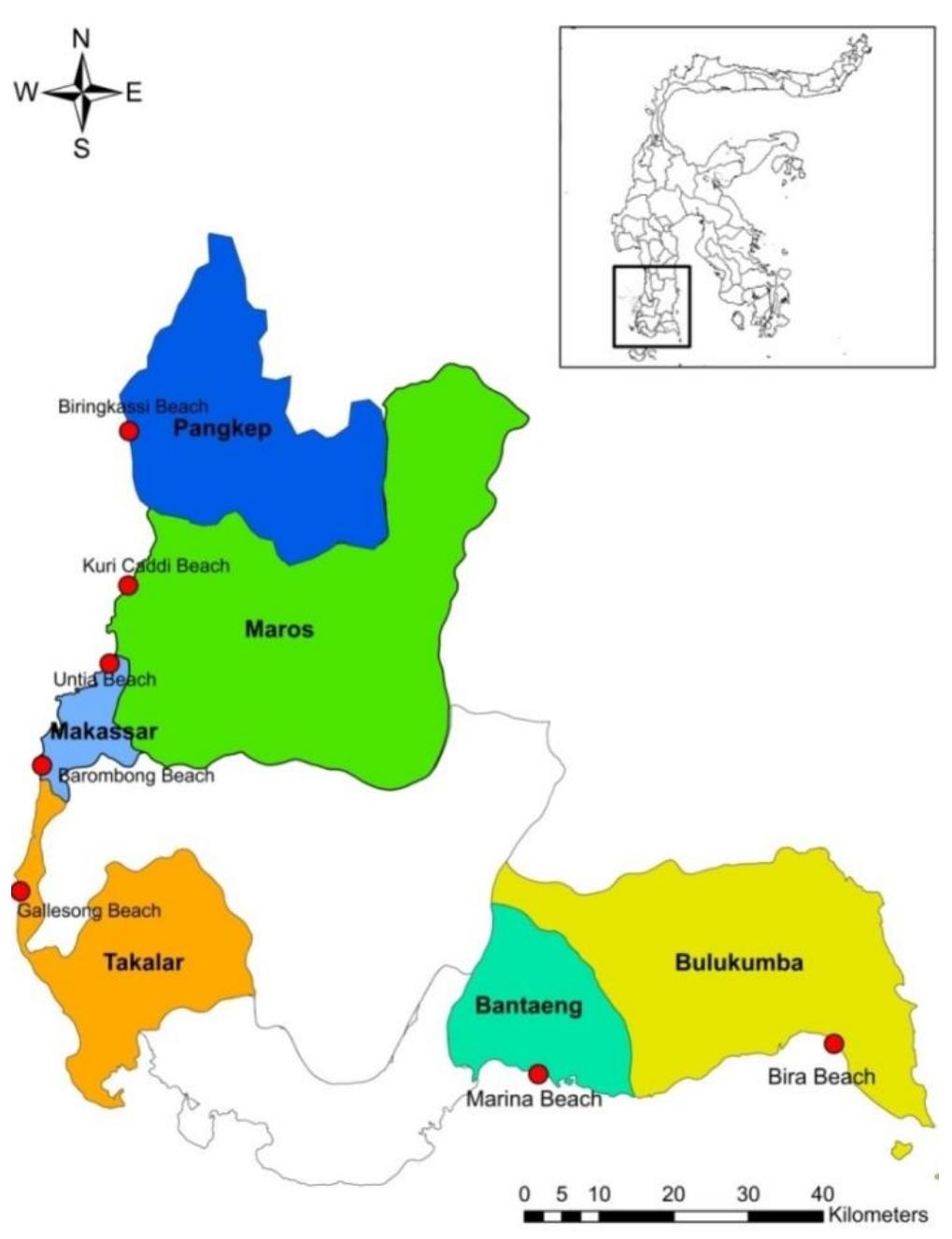 Map of south sulawesi, indonesia with seven beach locations