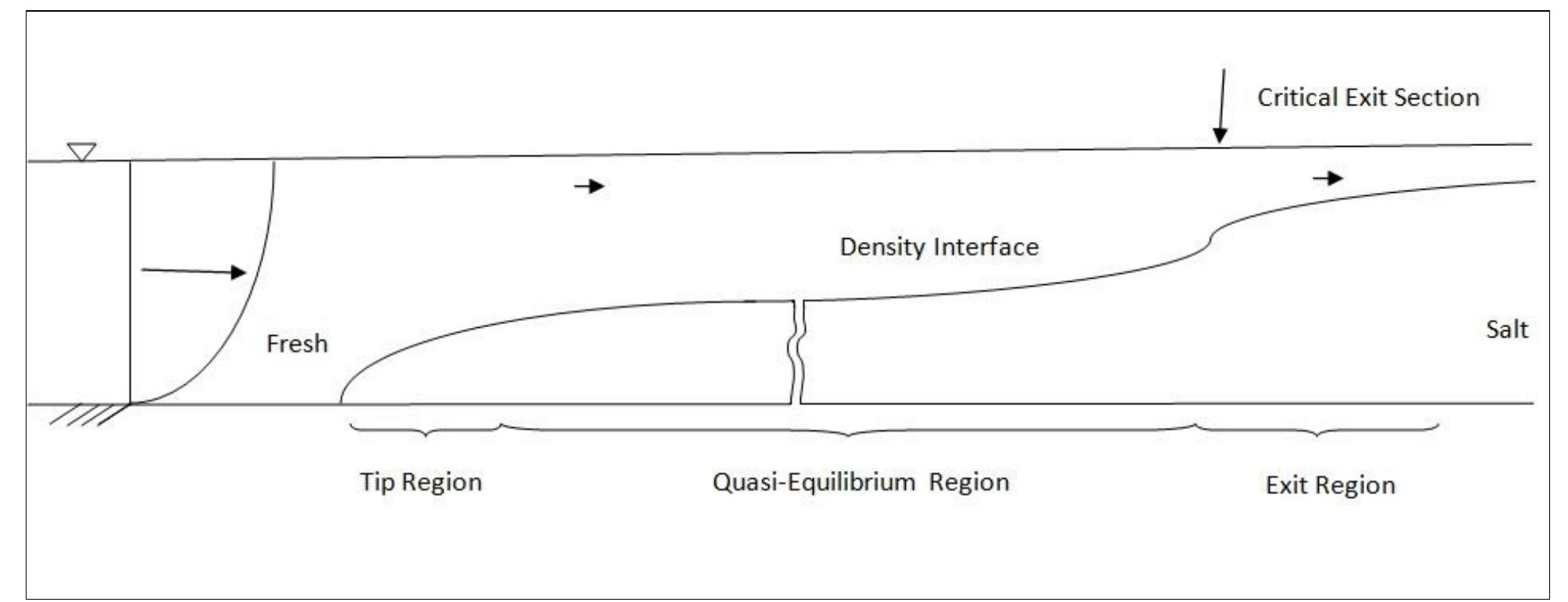 Schematic structure of saline wedge with three major