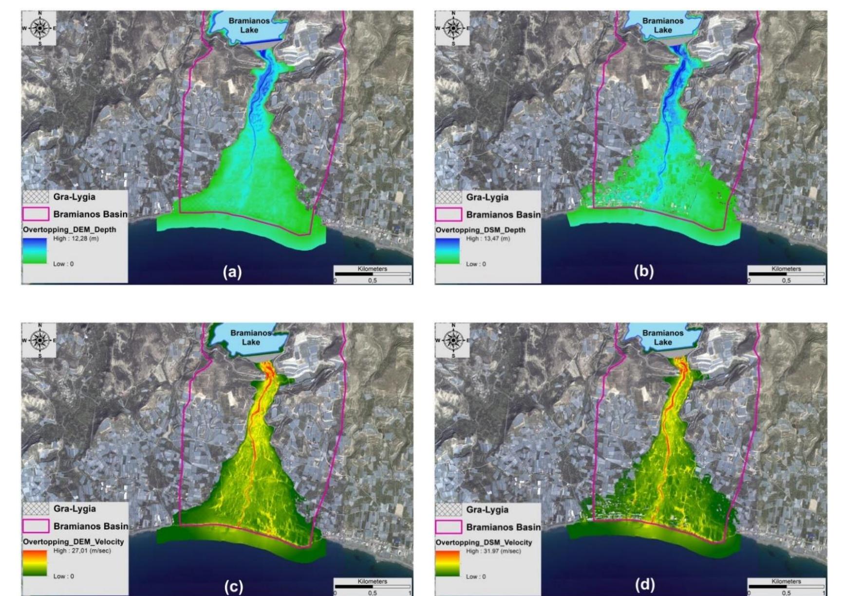 Maps of flow depth and velocity, utilising dem and dsm in