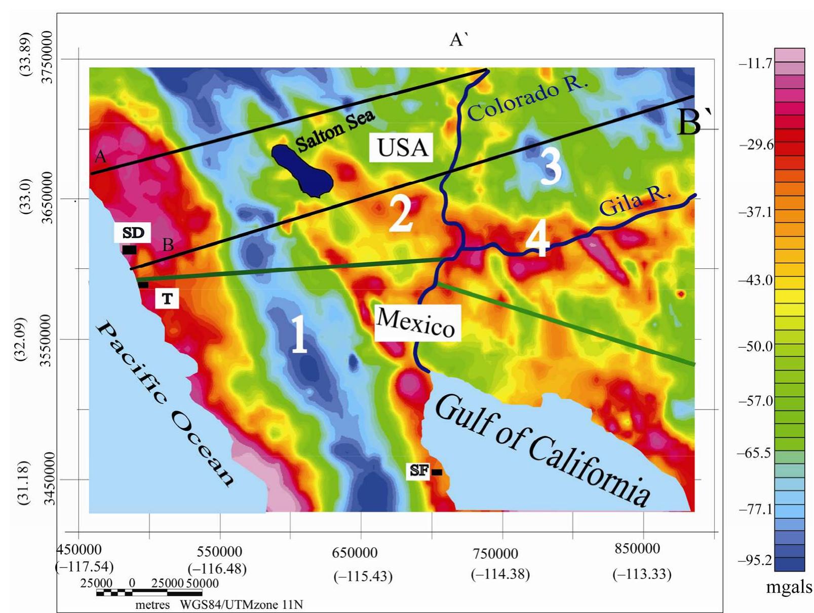 Bouguer gravity anomaly map of the salton trough area.