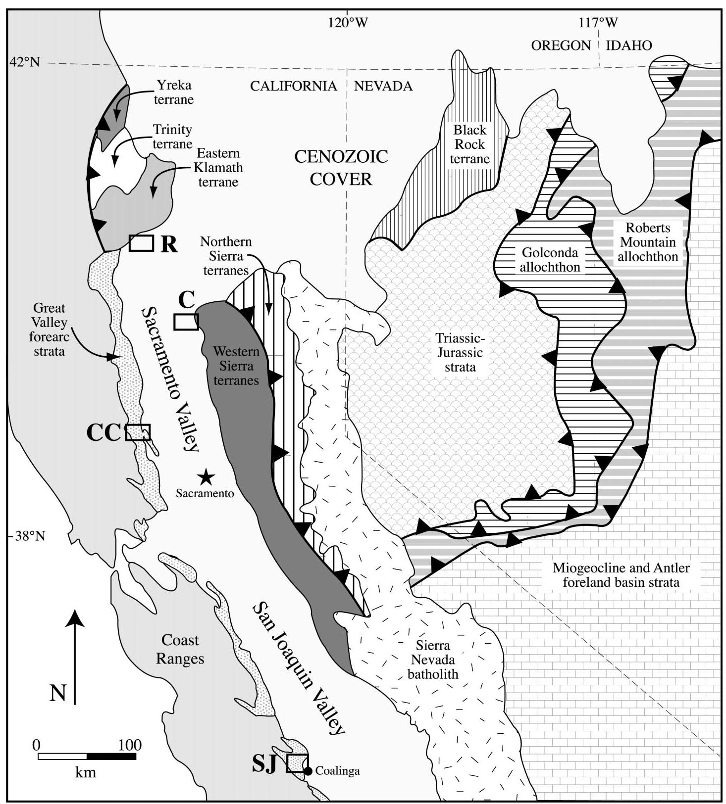 Geologic map showing great valley forearc basin-fill