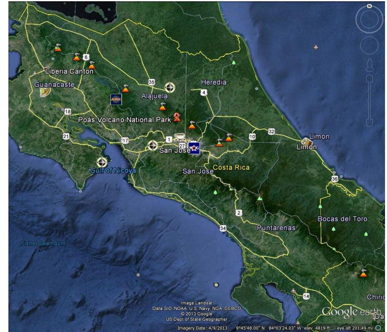 A google map of costa rica showing the location of poas.