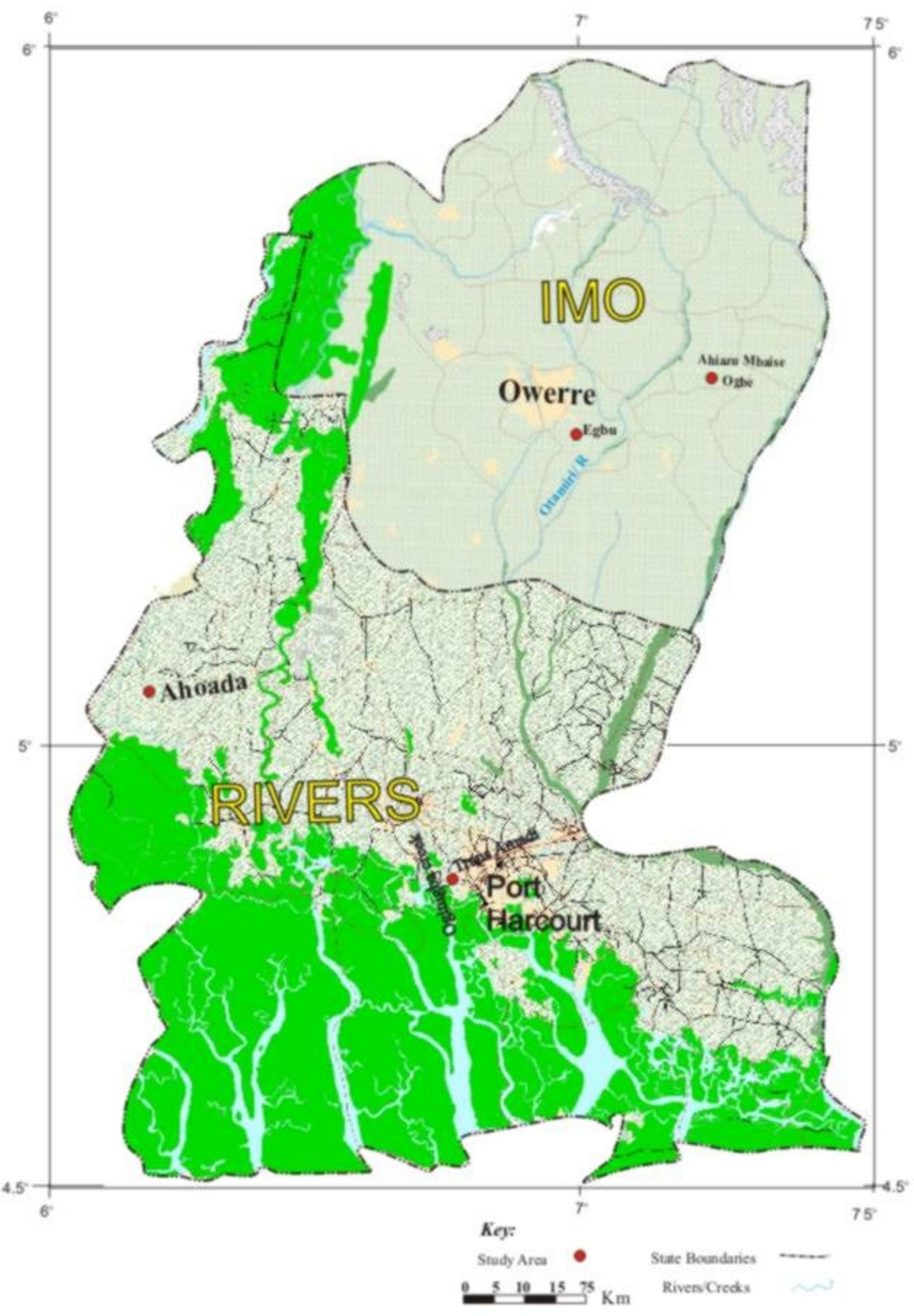 Map of imo and rivers state showing the study area