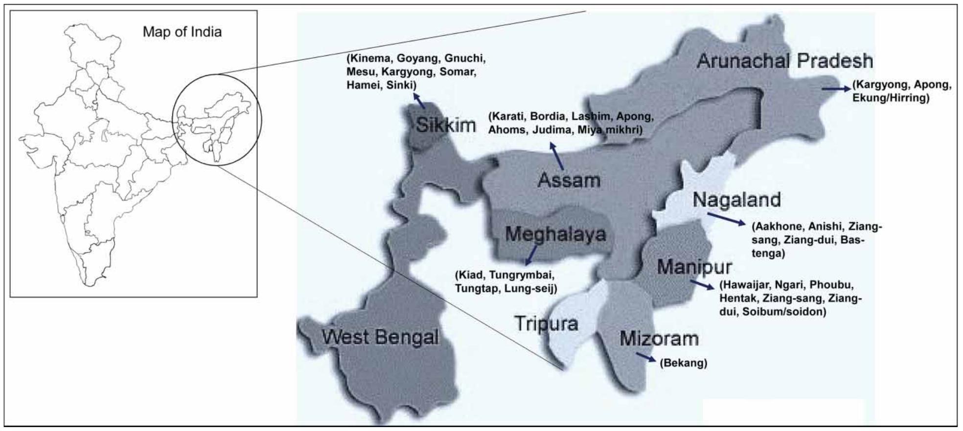 Map of india showing the seven sister states of northeast