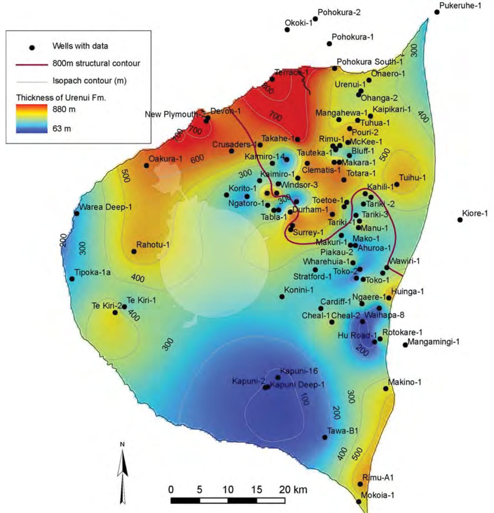 2. isopach map showing the thickness of the urenui formation