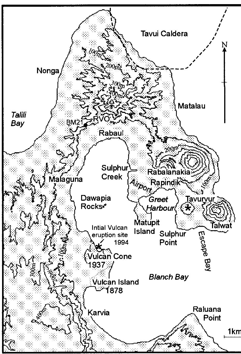 Location map for the pre-1994 eruption rabaul caldera, in-
