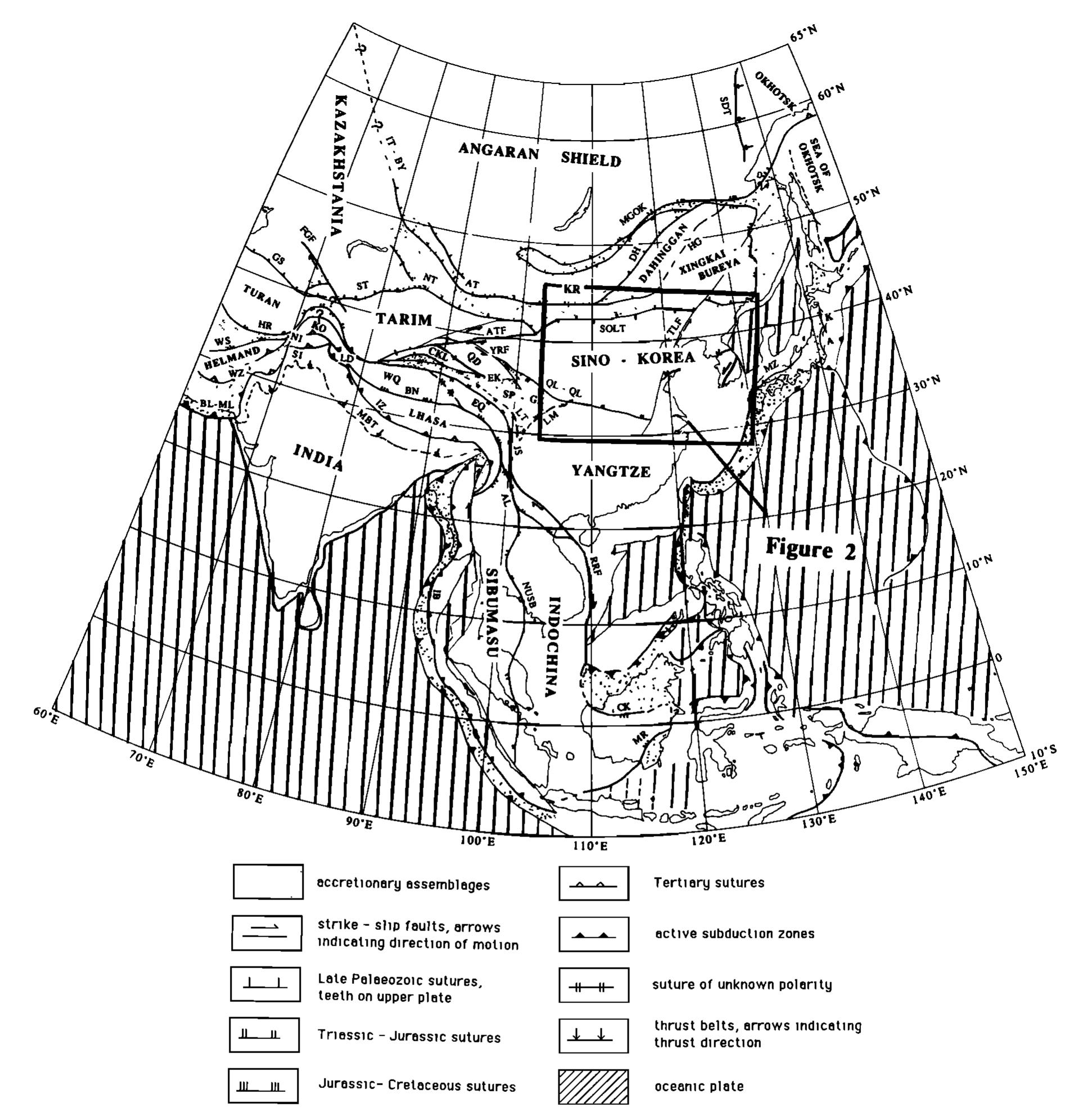 A. tectonic subdivisions and sutures of eastern asia and