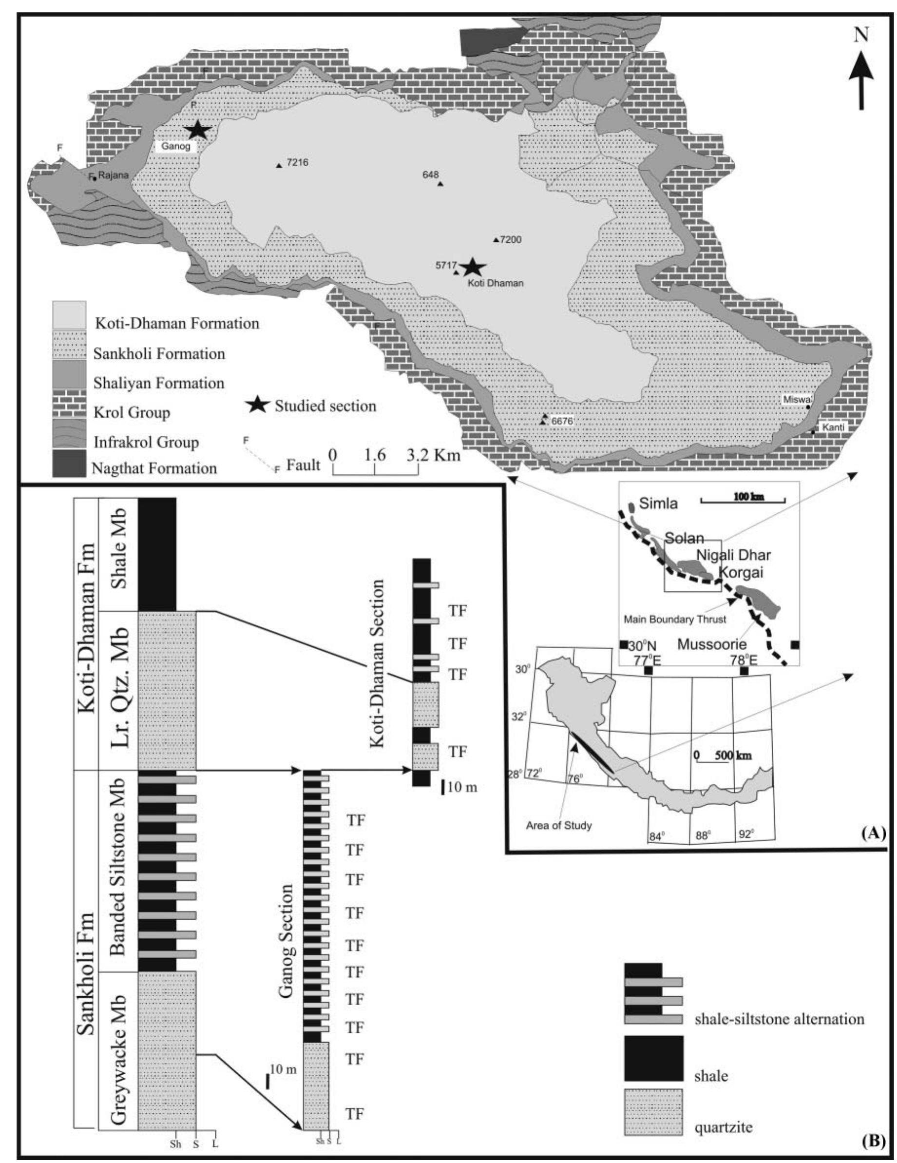 (a) geological map of nigalidhar syncline, (after bhargava