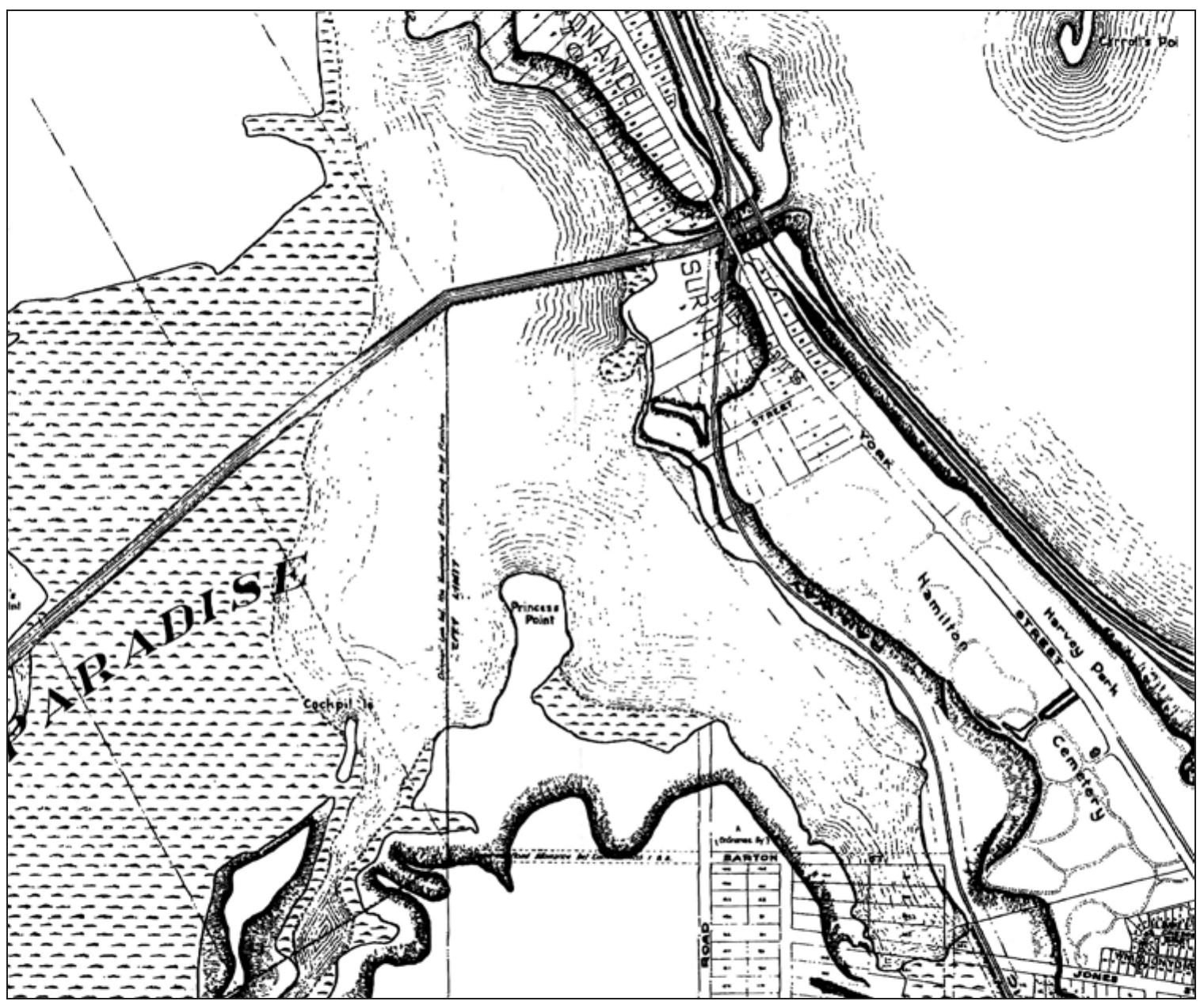 Historic map of princess point showing constriction of the