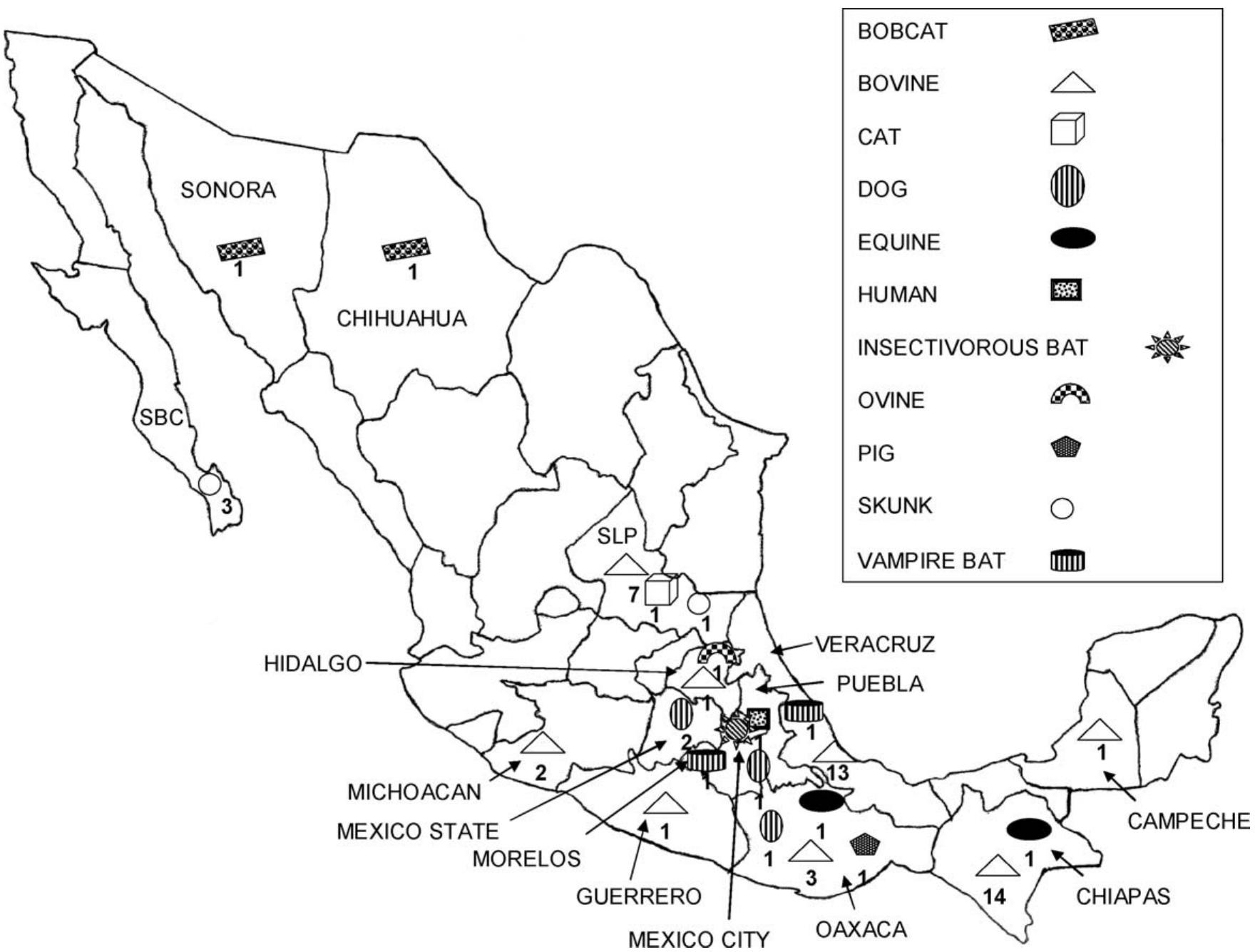 A map of mexico showing the states from which all samples of