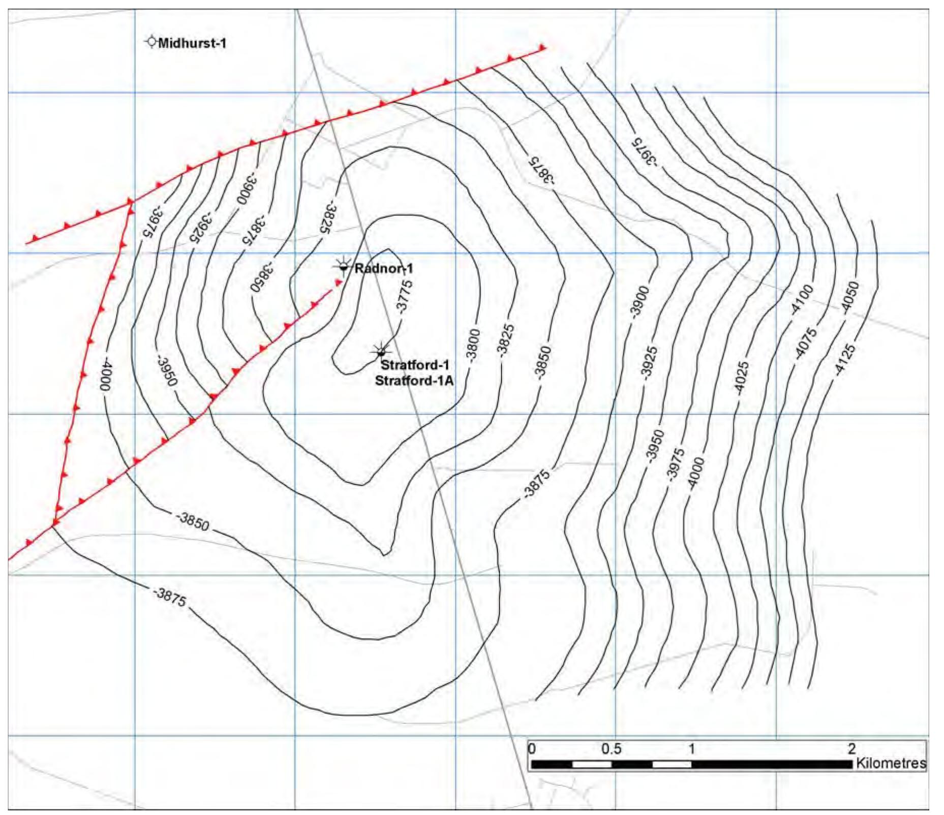 33. structure contour map (metres) showing depth to top