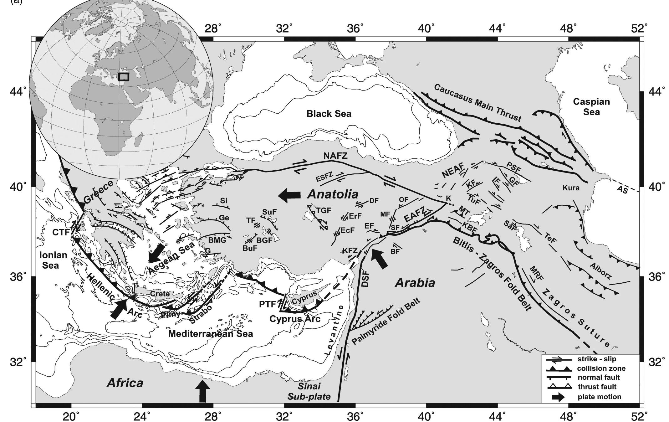 (a) major tectonic units and bathymetry in the eastern