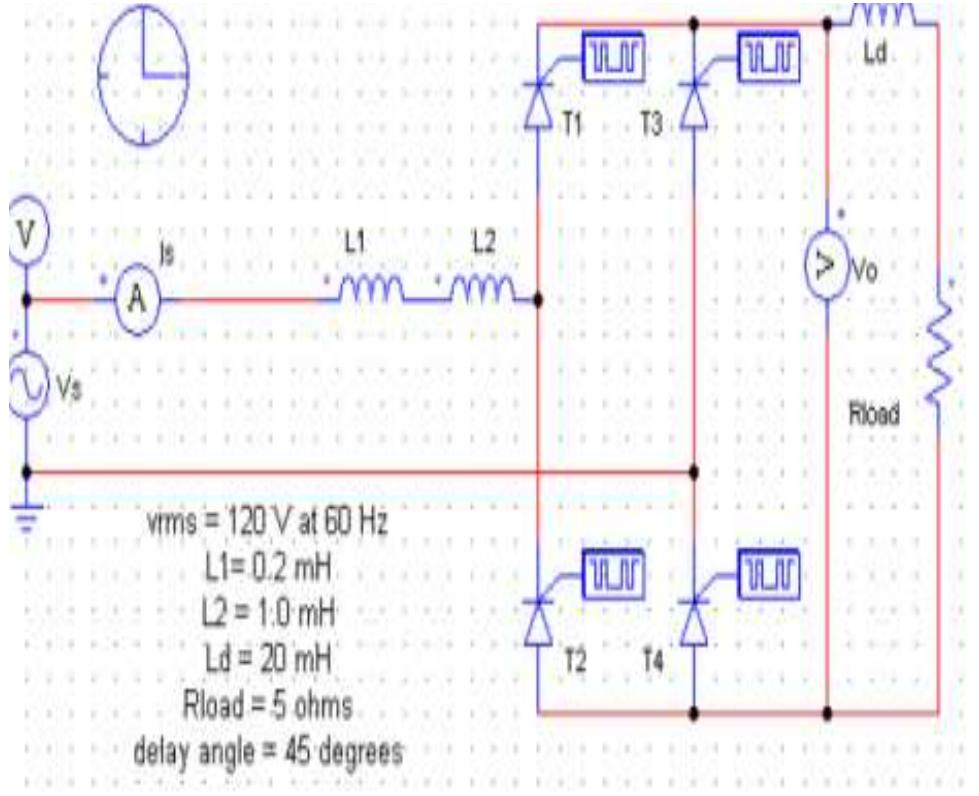 A single-phase full converter bridge consists of four scrs