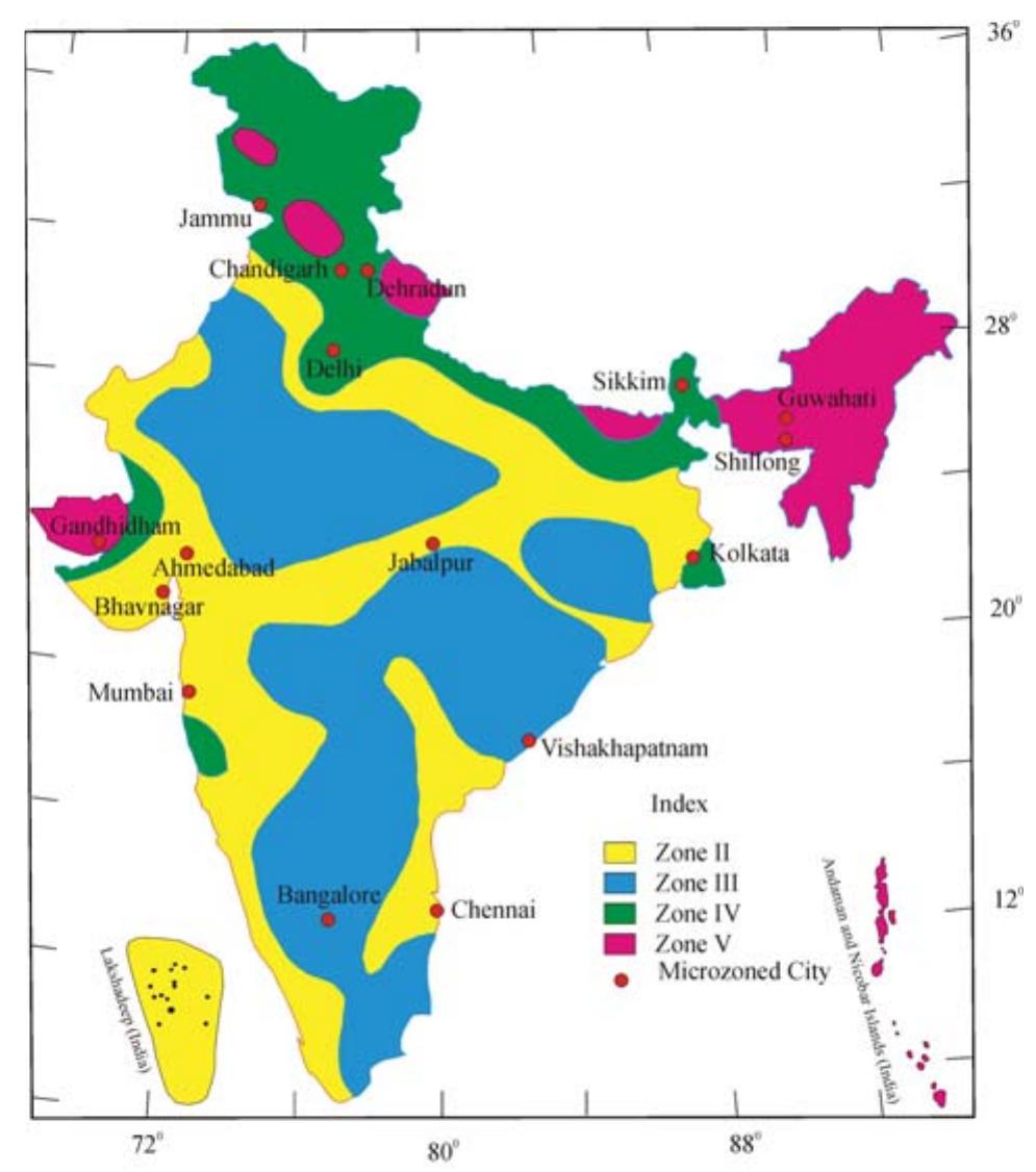 Seismic zoning map of india (2002) showing urban areas where