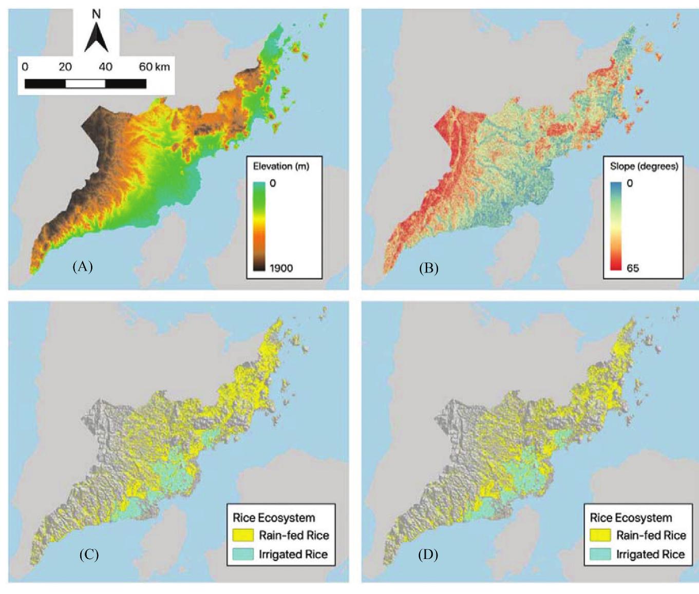 Maps of (a) elevation, (b) slope, and rice distribution for