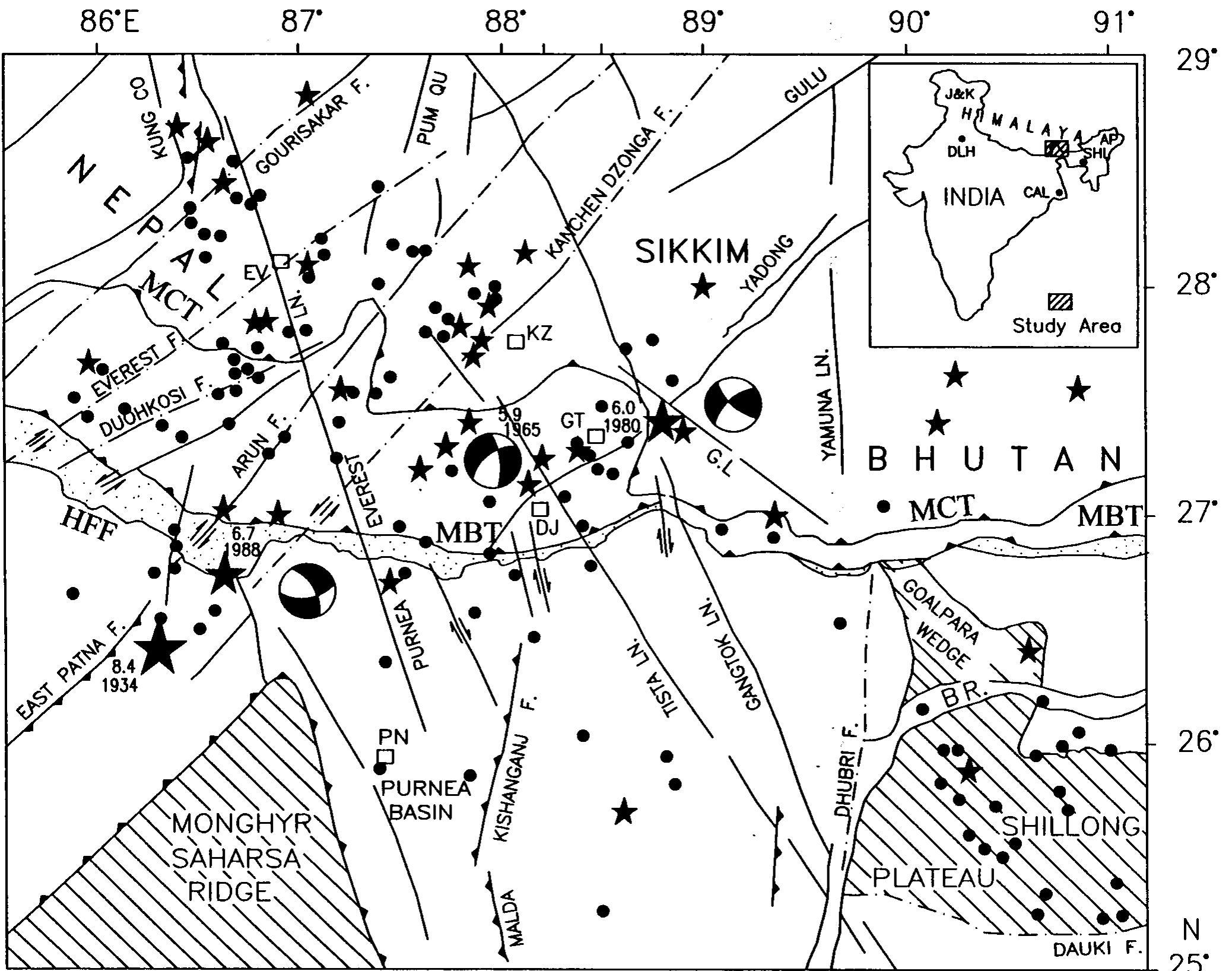 The map shows major tectonic features (after gsi, 1993) and