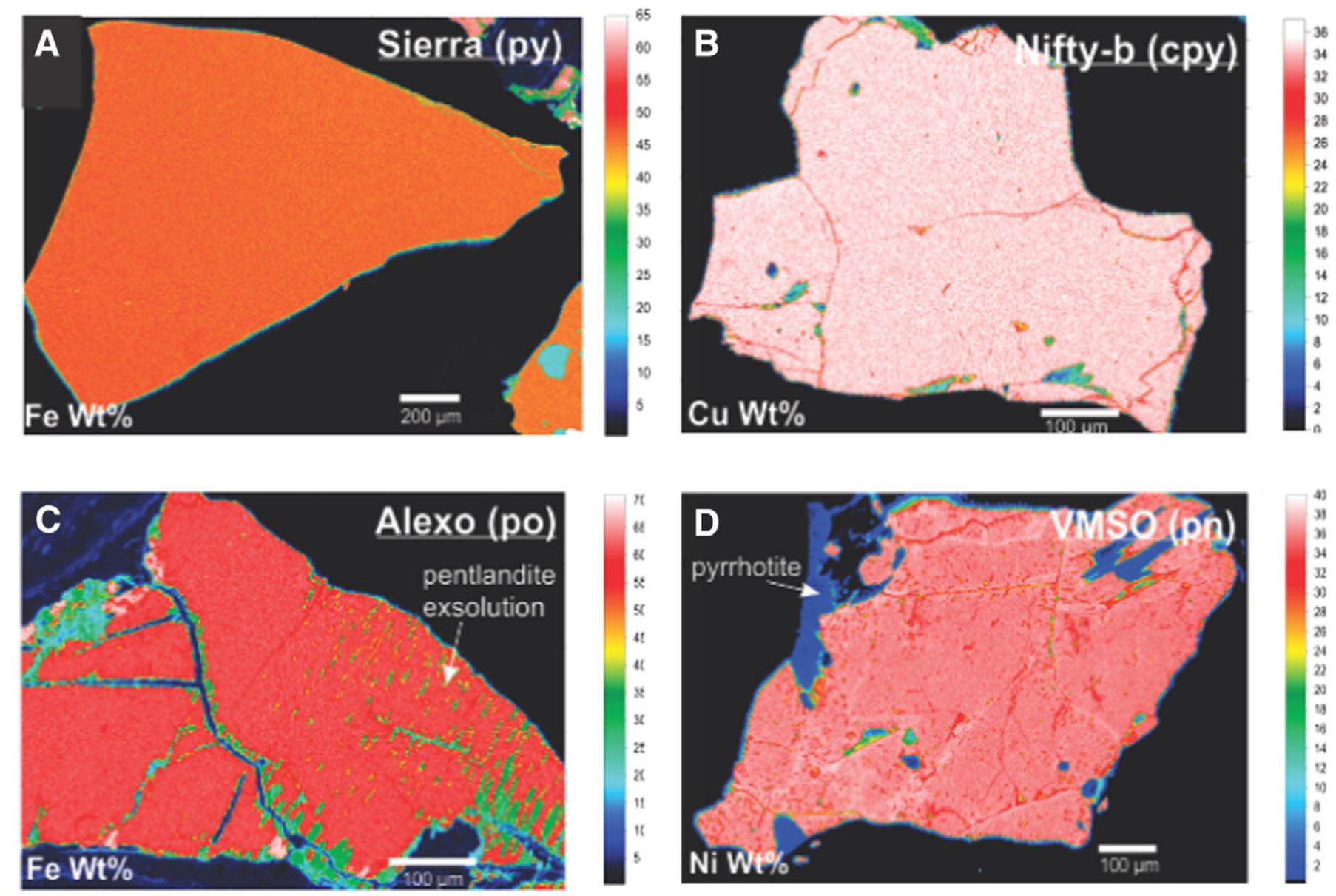 Compositional maps of: a) sierra pyrite (fe wt%), b) nifty-b