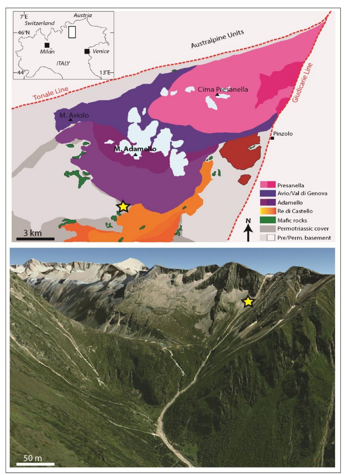 Geological sketch map of the adamello pluton and a view of