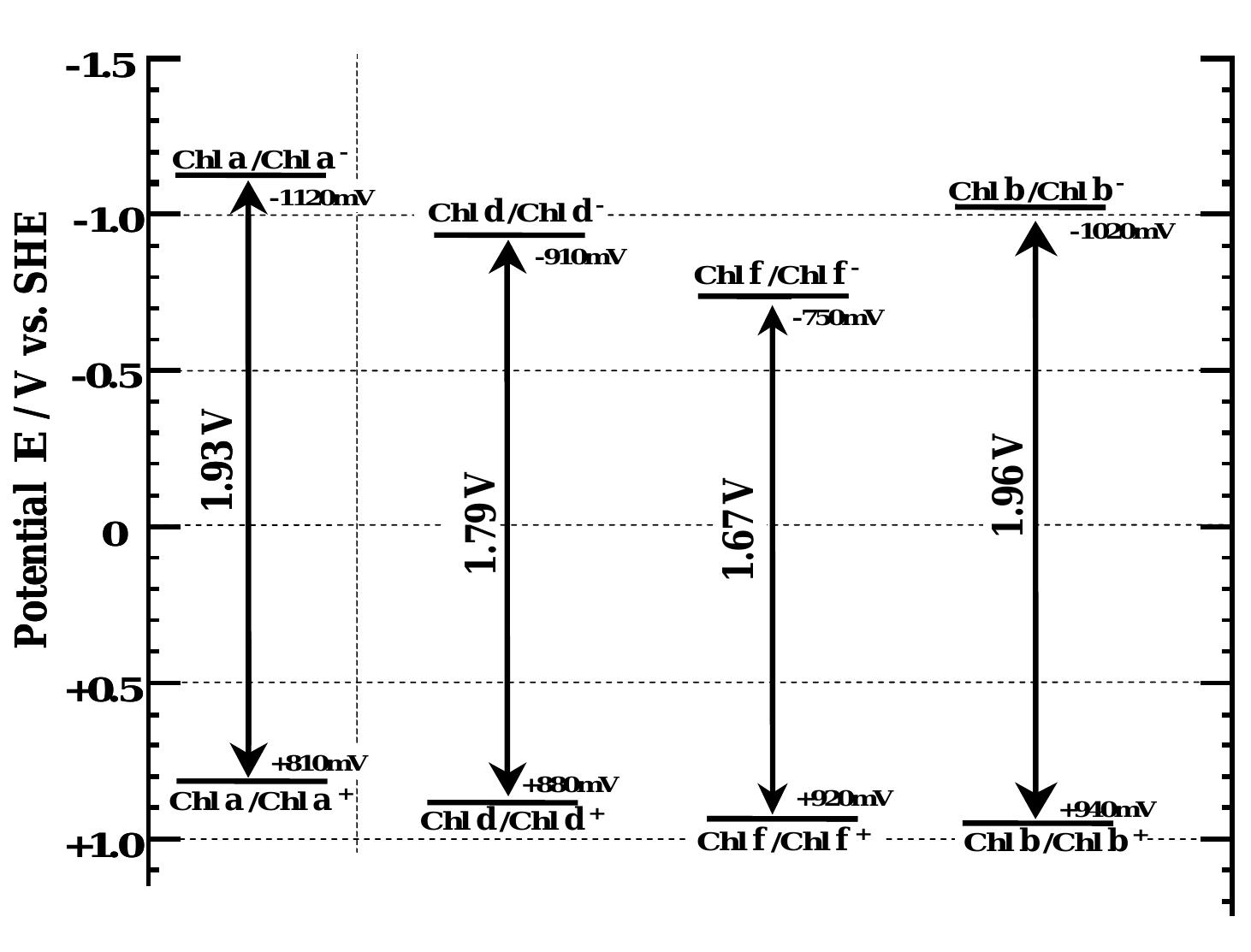 Schematic comparison of redox potentials of chls a, b, d and