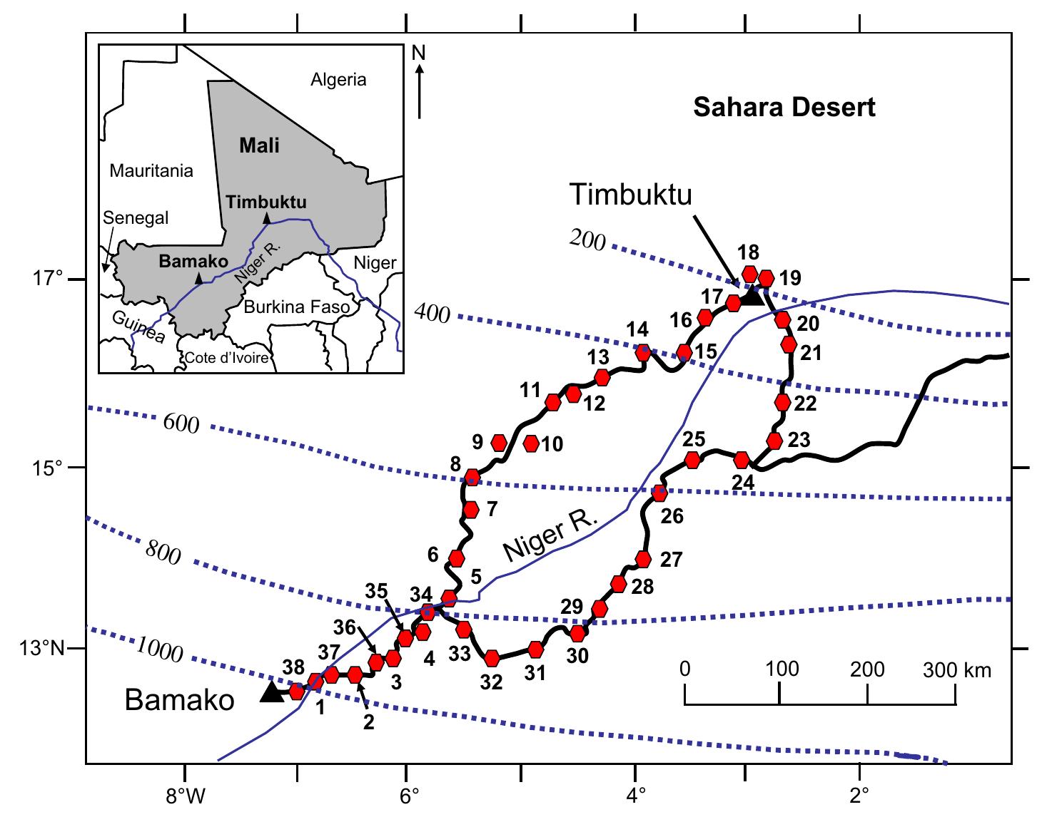 Sketch map of the mali transect showing the distribution of