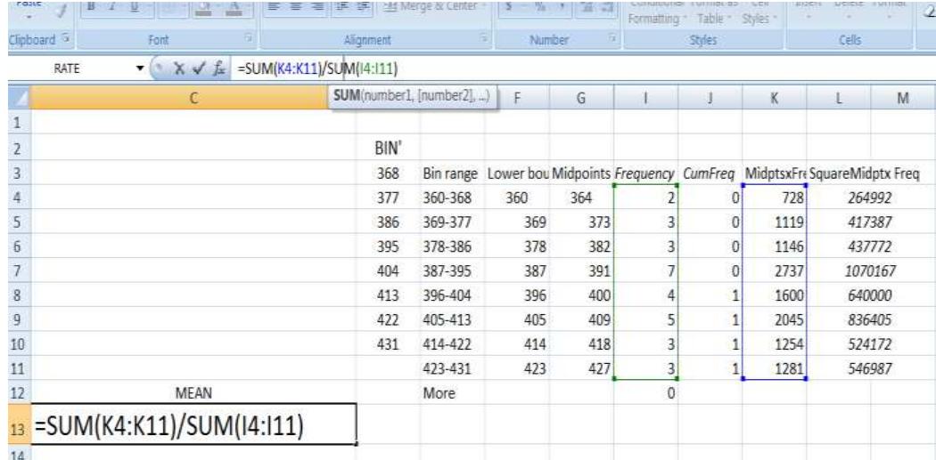 The defined formula in excel to calculate the mean for