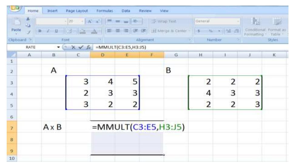 Showing the matrix multiplication formular and selected