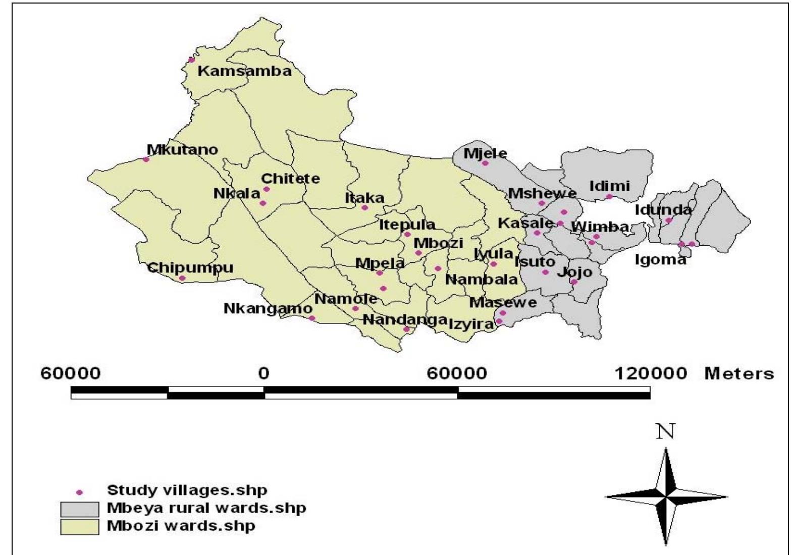 Map of mbeya rural and mbozi districts showing wards and