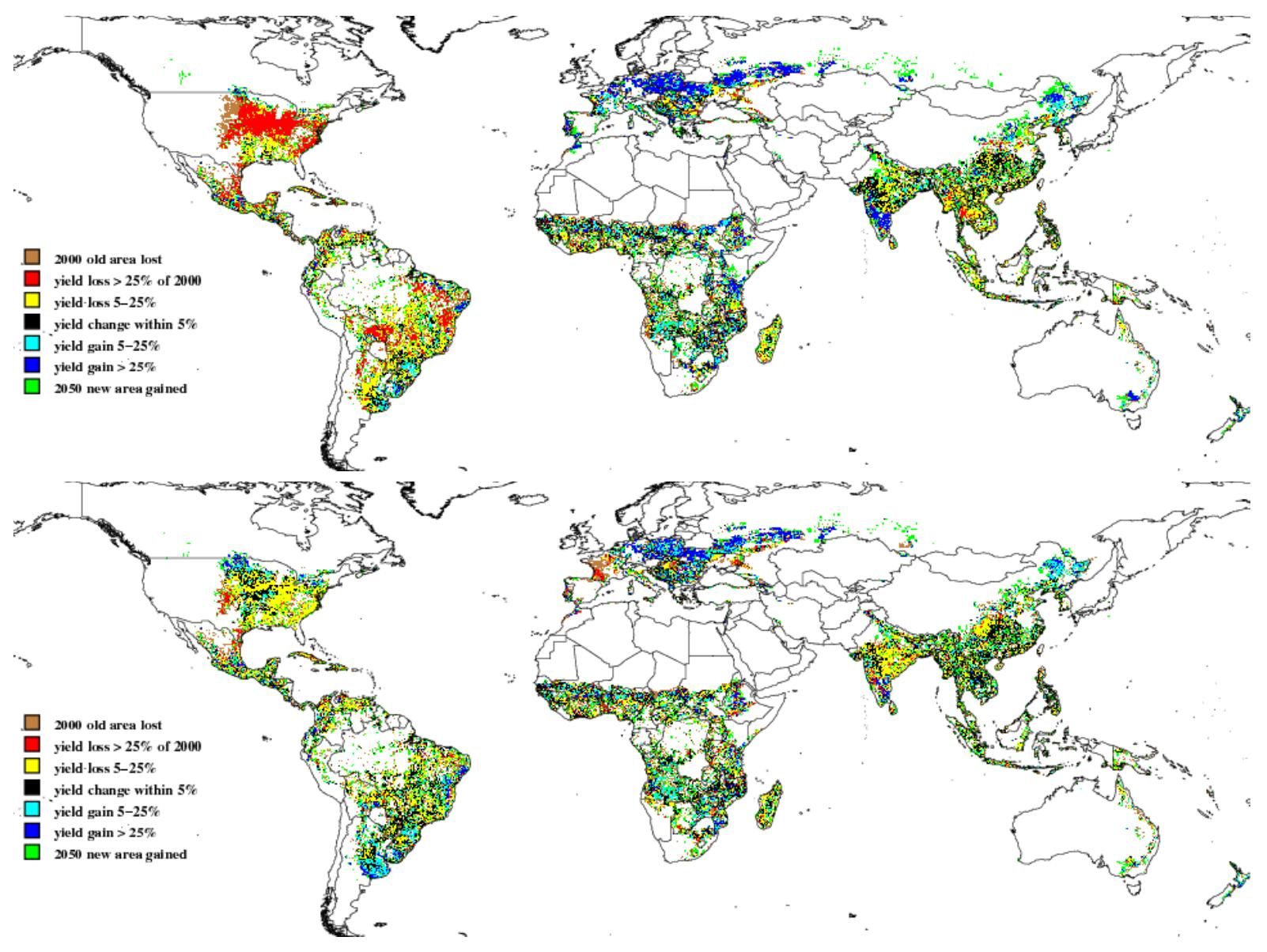 Top map csiro model, bottom map miroc model. red and yellow: