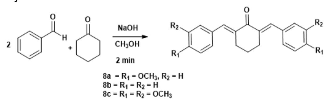 Crossed aldol condensation of cyclohexanone and benzaldehyde