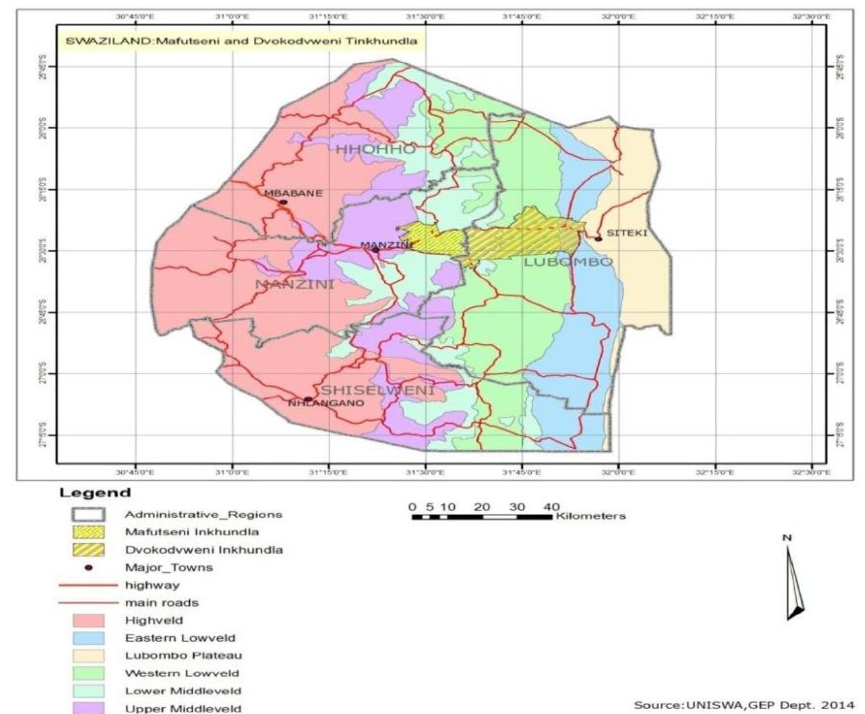 The map of eswatini showing the location of mafutseni and