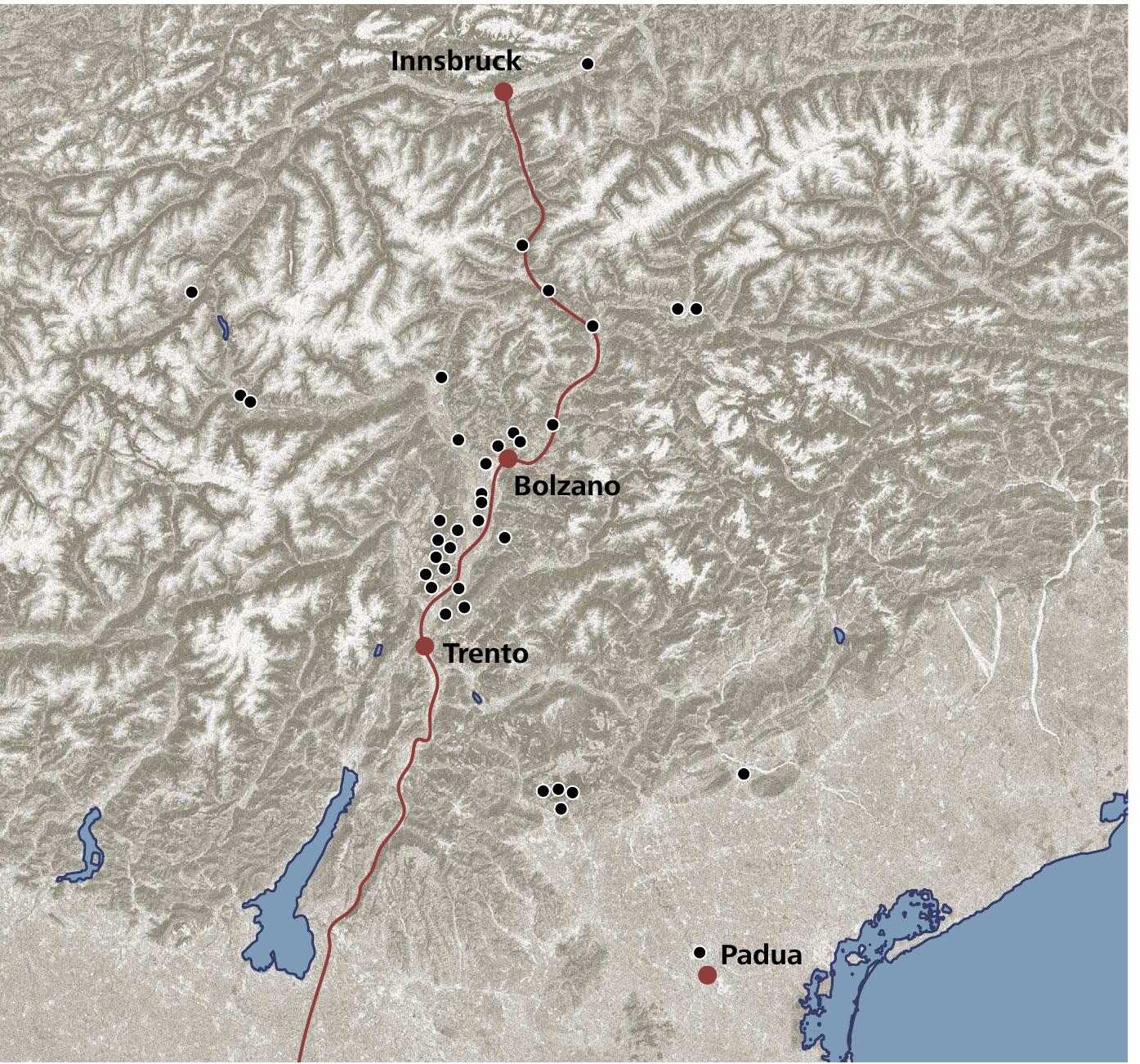 Map of the central alps in the region of the modern-day